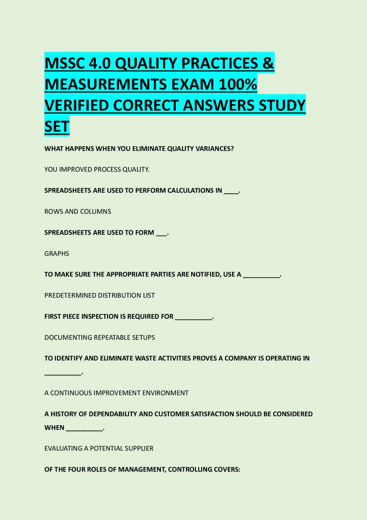 MSSC 4.0 QUALITY PRACTICES & MEASUREMENTS EXAM 100% VERIFIED CORRECT ...