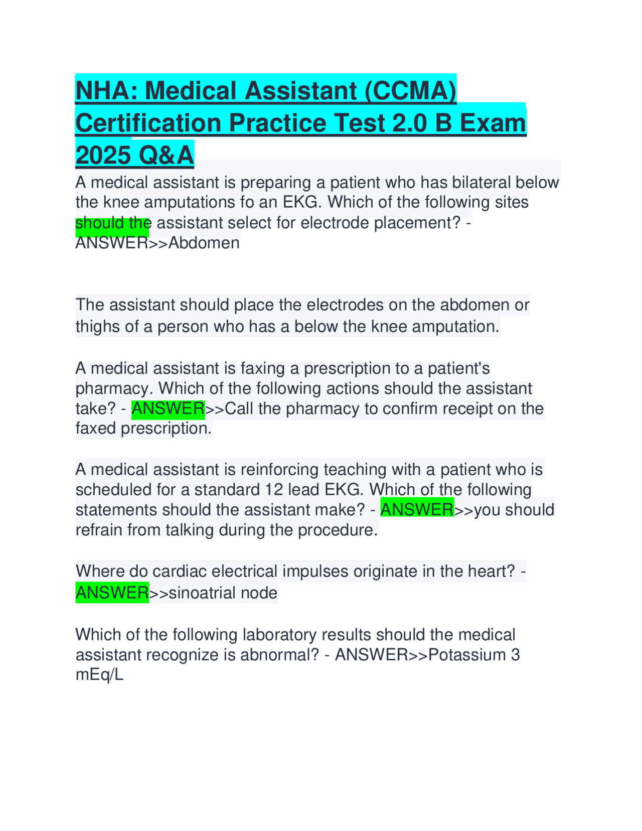 NHA: Medical Assistant (CCMA) Certification Practice Test 2.0 B Exam ...
