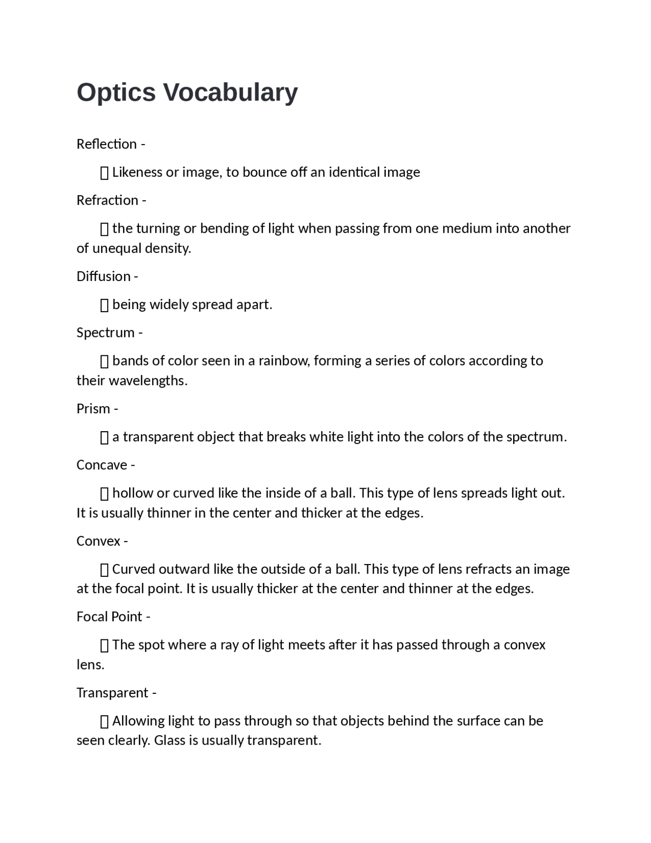 Optics Vocabulary: Definitions and Explanations | Exams Optics | Docsity