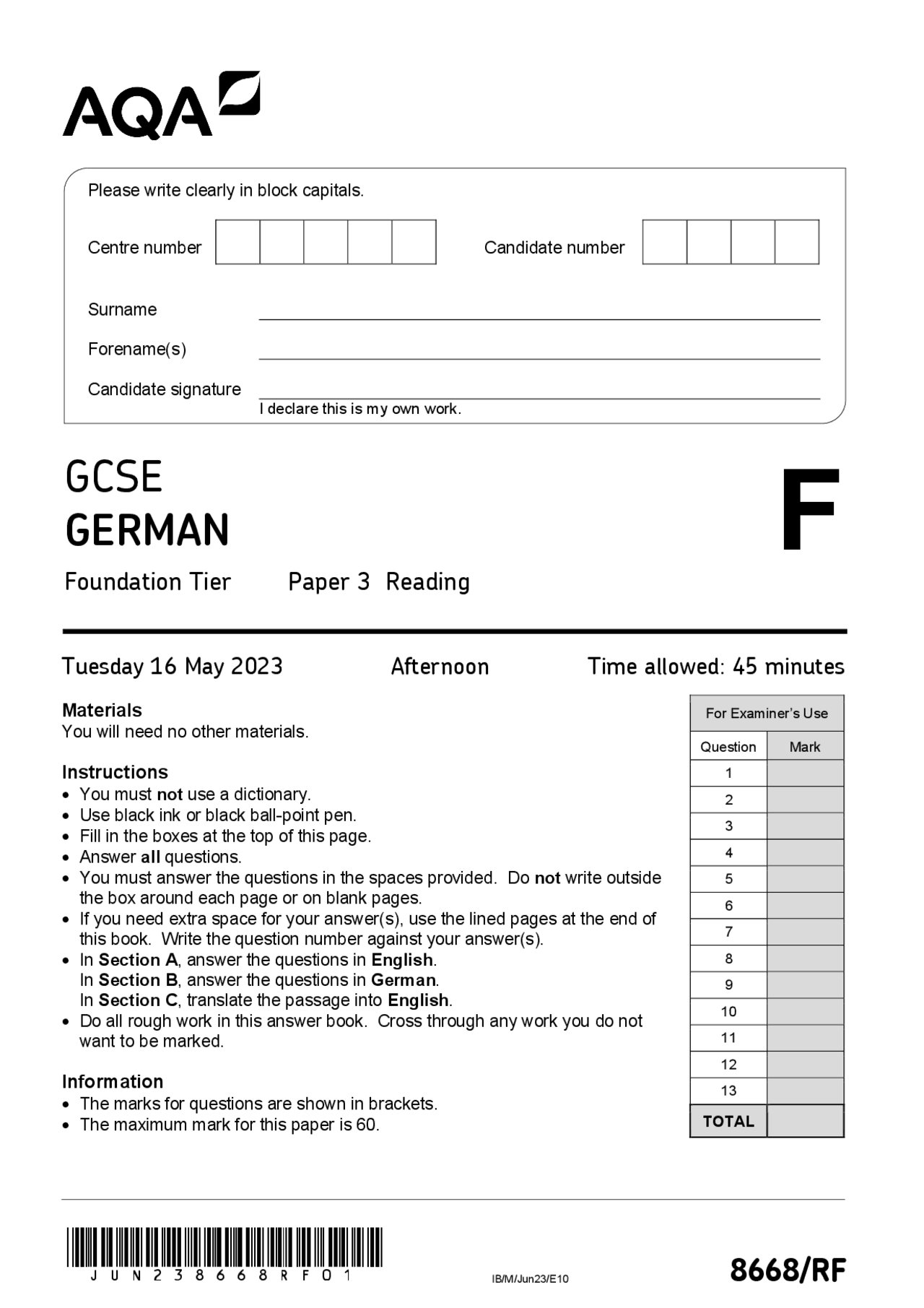 GERMAN PAPER (LISTENING AND READING ) | Cheat Sheet German | Docsity