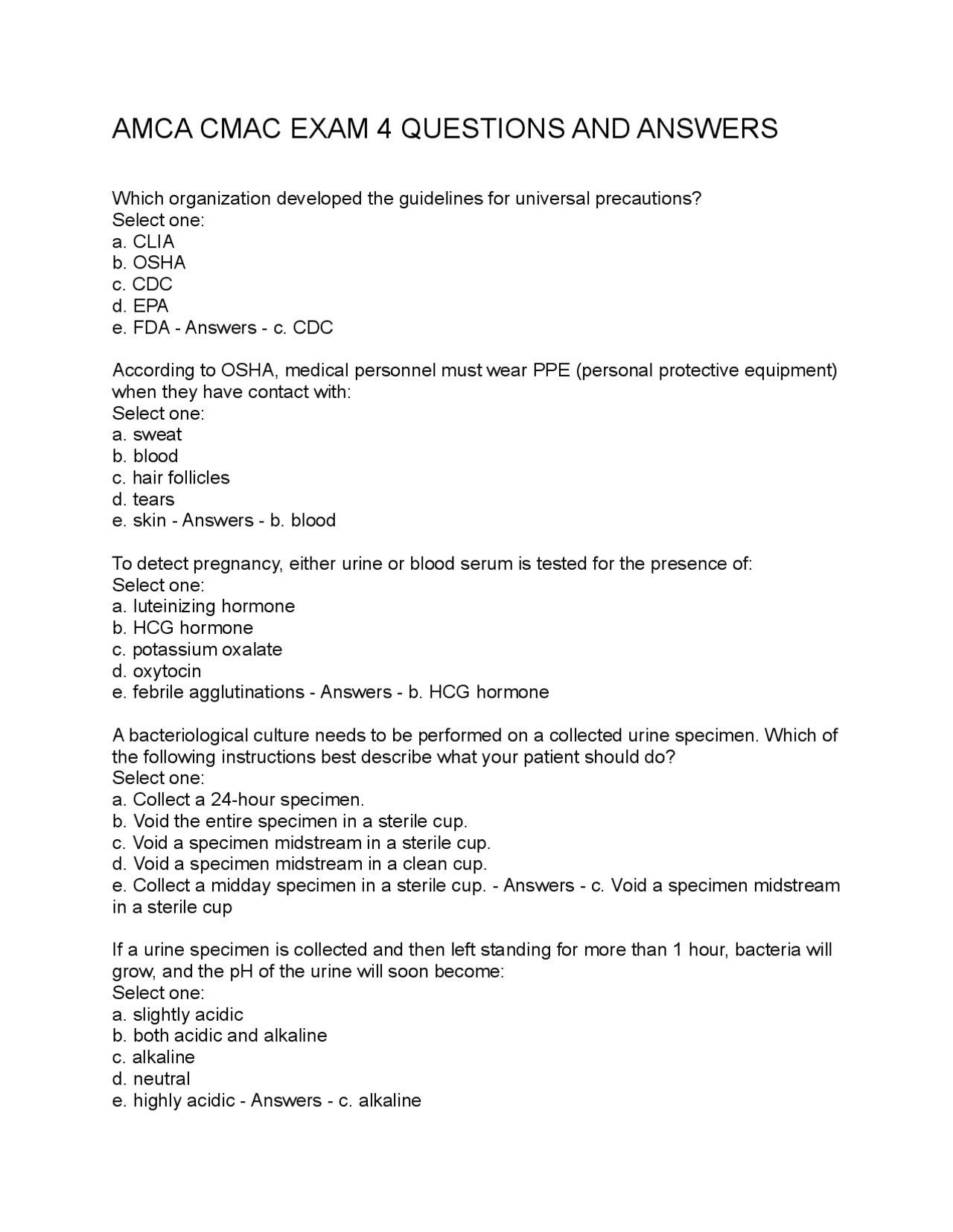 AMCA CMAC Exam 4: Questions and Answers on Urine Analysis and ...