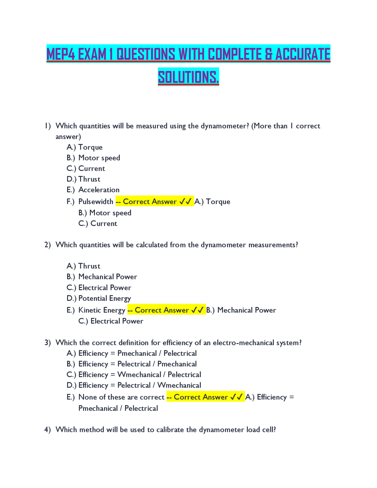 MEP4 EXAM 1 QUESTIONS WITH COMPLETE & ACCURATE SOLUTIONS. | Exams Engineering | Docsity