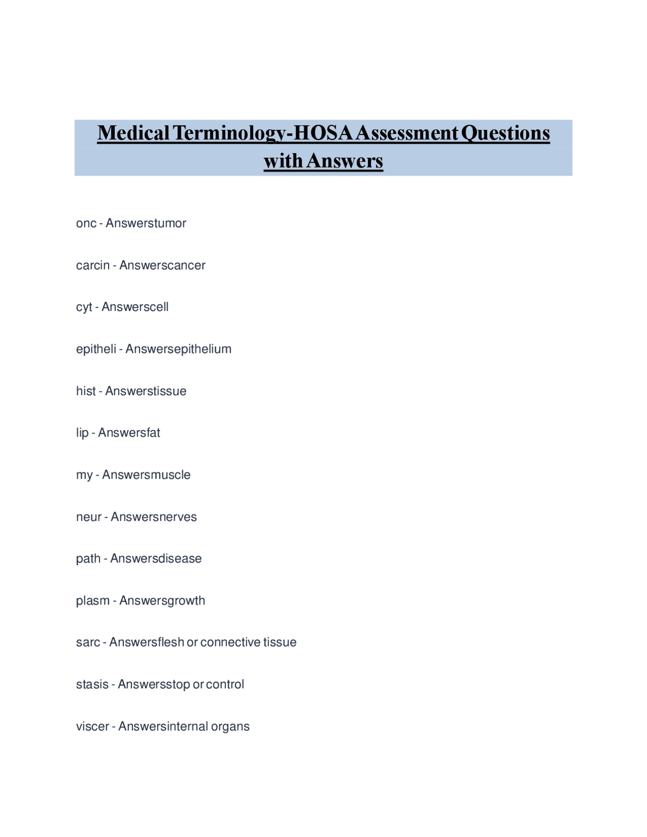 Medical Terminology Assessment Questions and Answers for HOSA | Exams ...