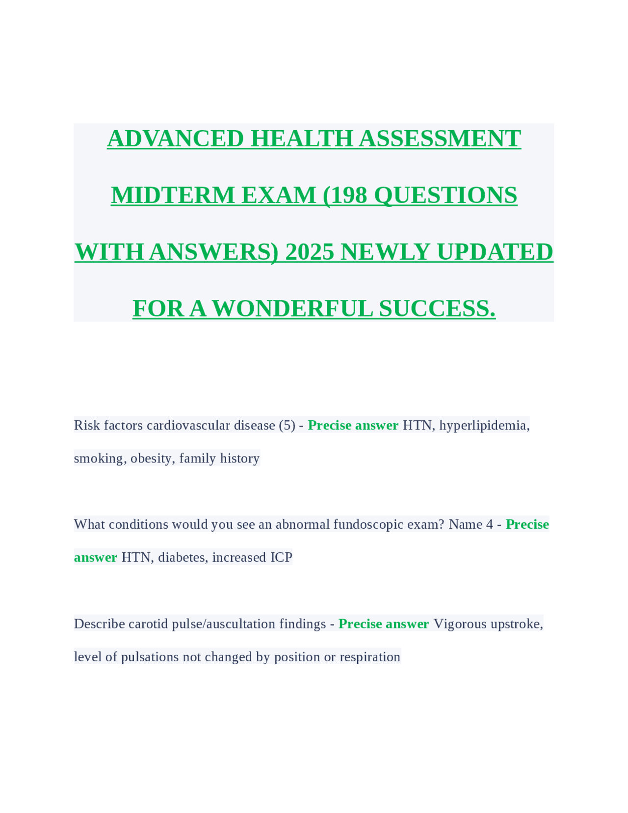 ADVANCED HEALTH ASSESSMENT MIDTERM EXAM (198 QUESTIONS WITH ANSWERS ...