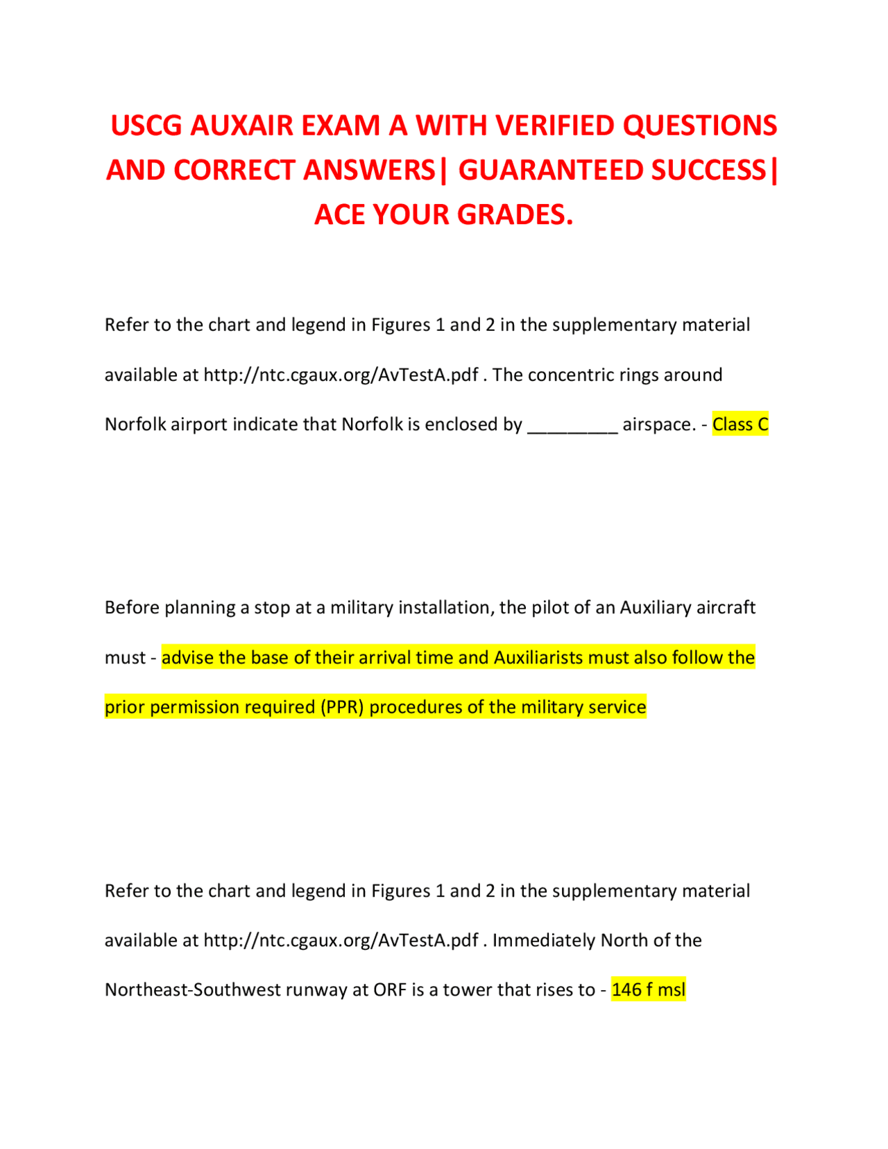 USCG AUXAIR EXAM A: Aviation Questions and Answers | Exams Aviation ...