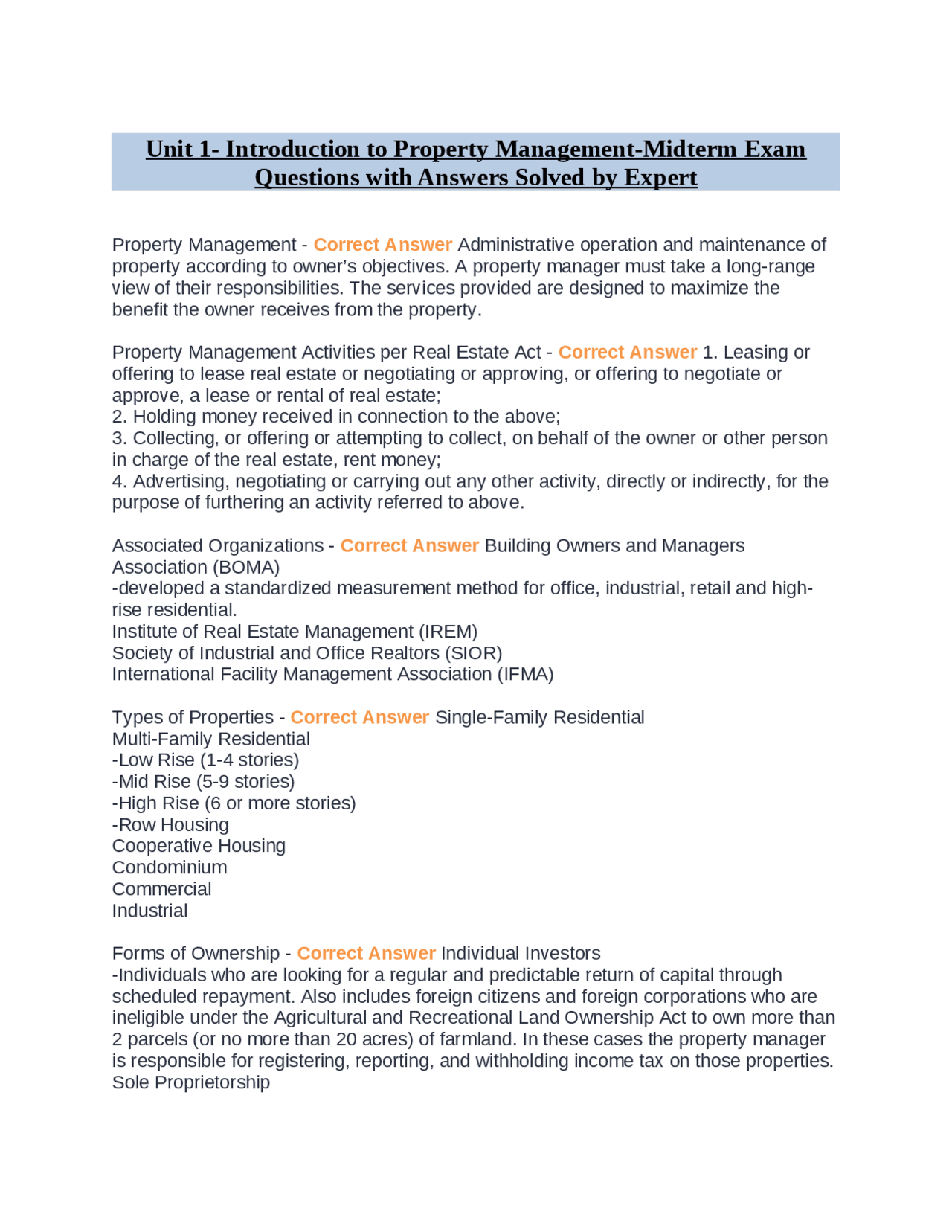 Unit 1- Introduction to Property Management-Midterm Exam Questions with Answers Solved by ...