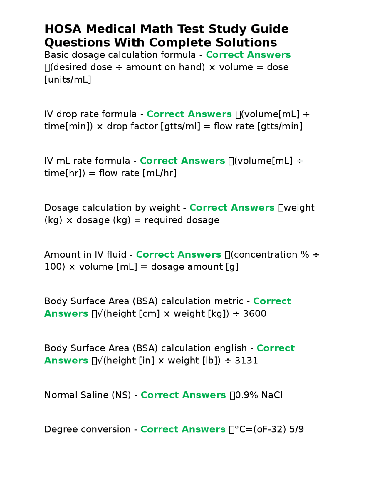 HOSA Medical Math Test Study Guide: Questions and Solutions | Exams ...