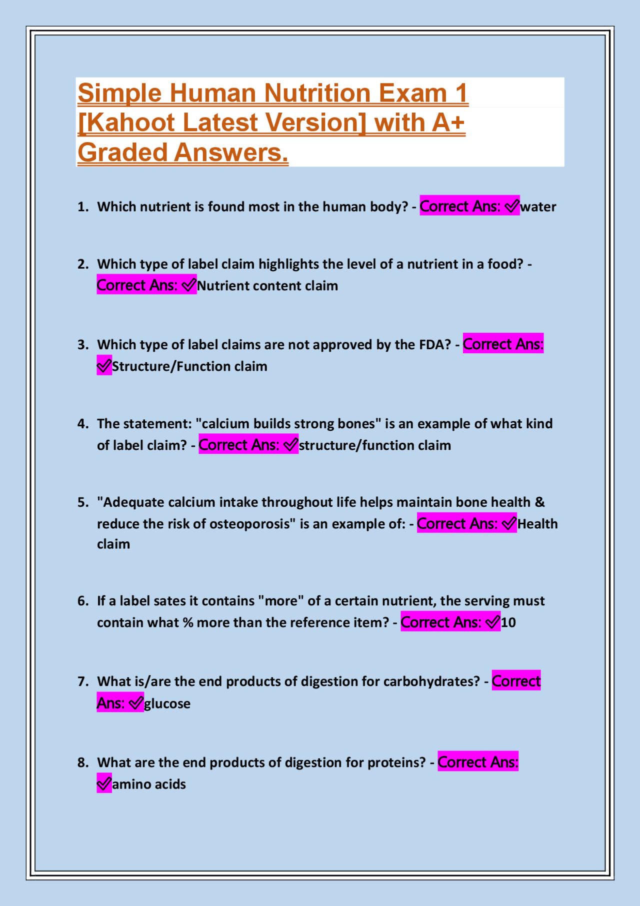 Simple Human Nutrition Exam 1 [Kahoot Latest Version] with A+ Graded ...