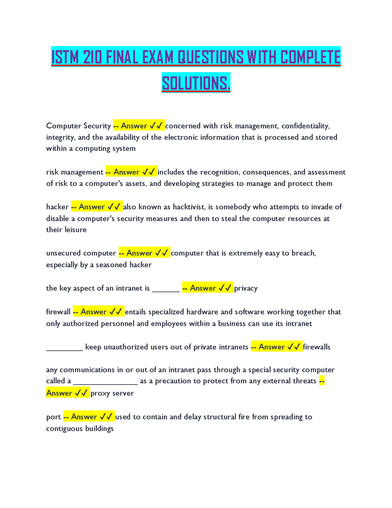 ISTM 210 FINAL EXAM QUESTIONS WITH COMPLETE SOLUTIONS. | Exams Information Systems | Docsity