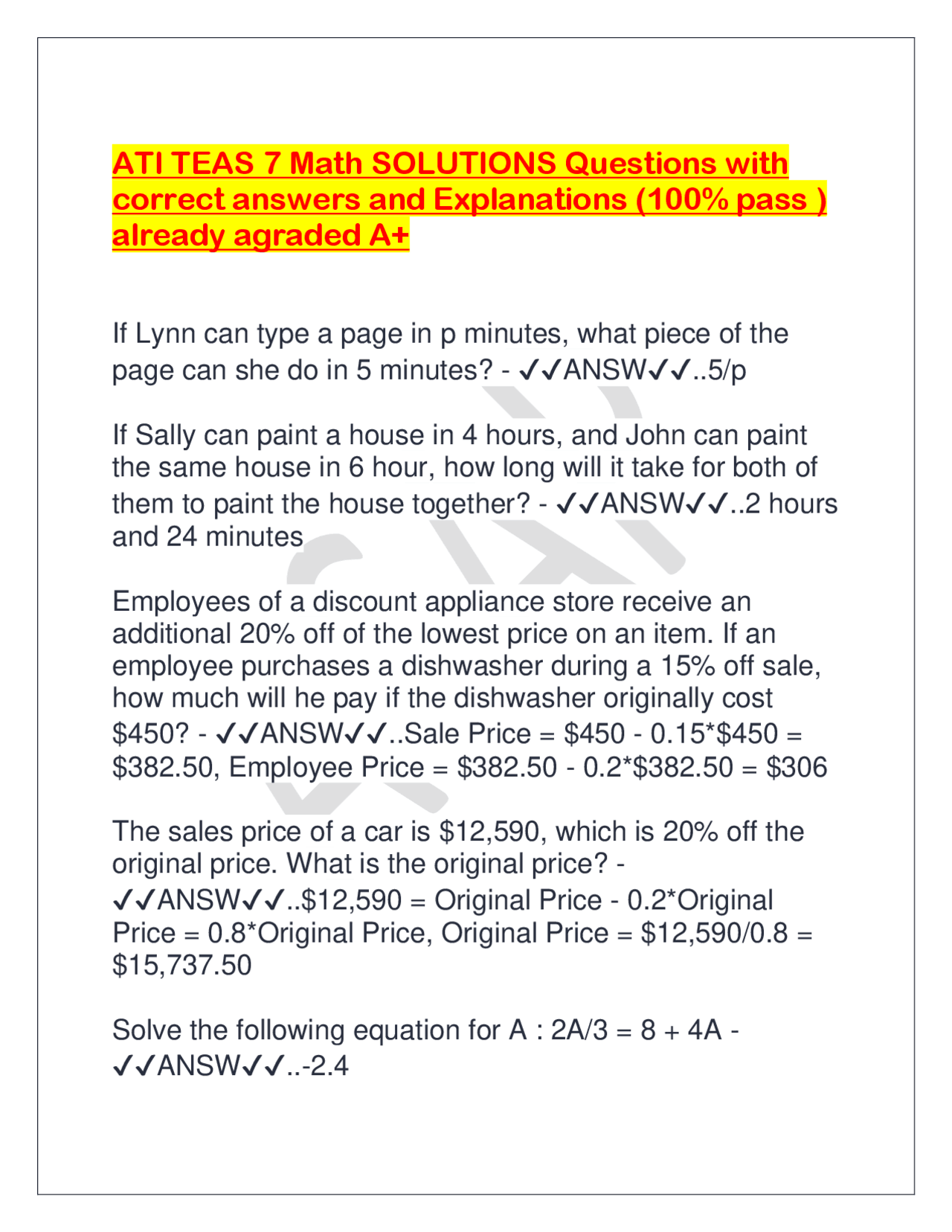 ATI TEAS 7 Math SOLUTIONS Questions with correct answers and ...