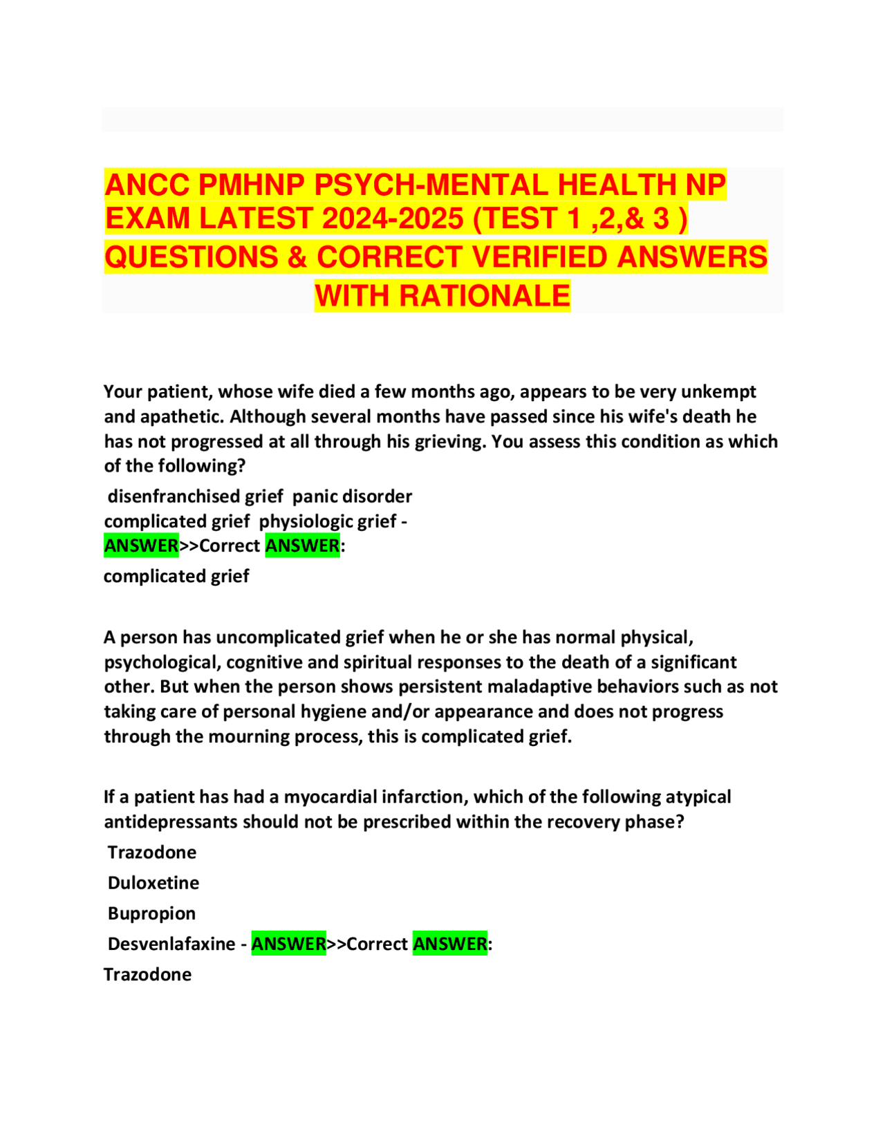 ANCC PMHNP PSYCH-MENTAL HEALTH NP EXAM LATEST 2024-2025 (TEST 1 ,2,& 3 ...