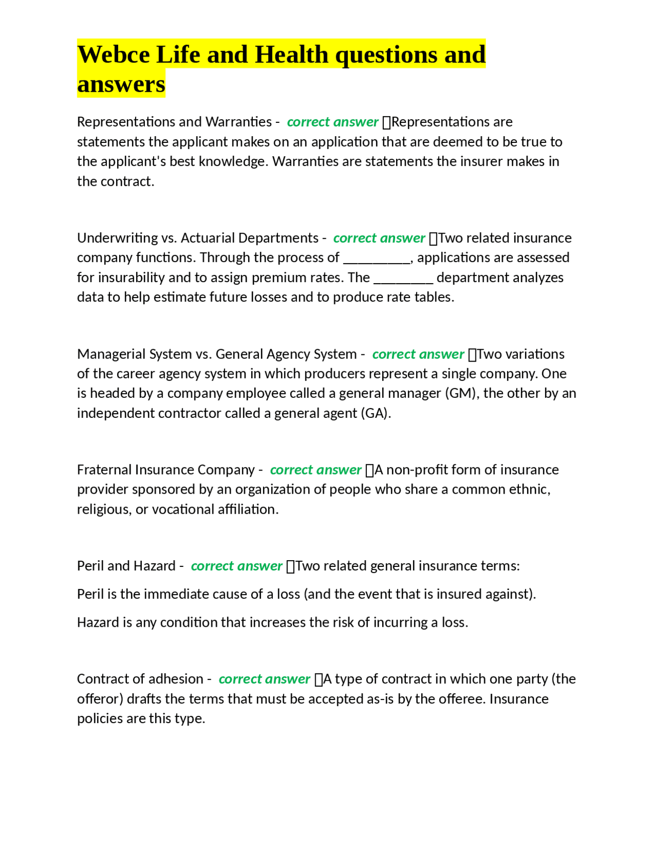 Webce Life and Health questions and answers | Quizzes Nursing | Docsity