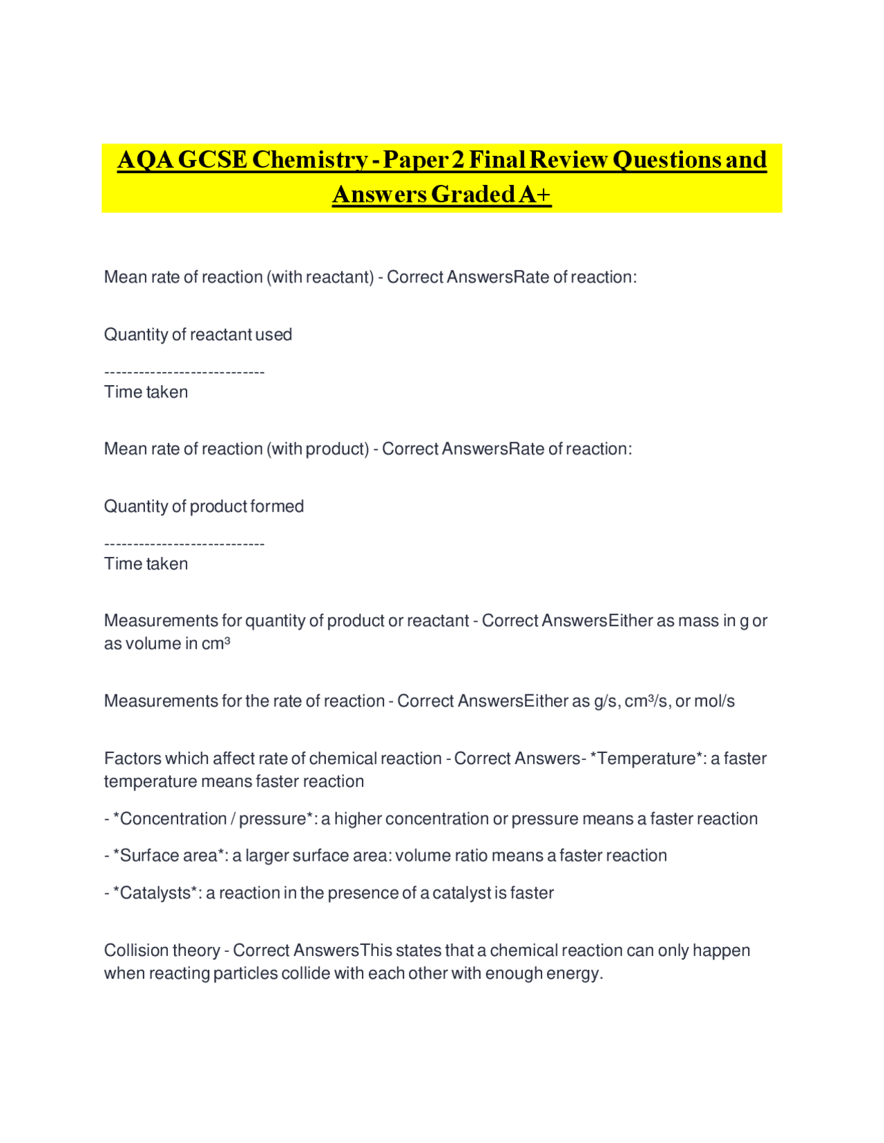 AQA GCSE Chemistry - Paper 2 Final Review Questions and Answers Graded ...