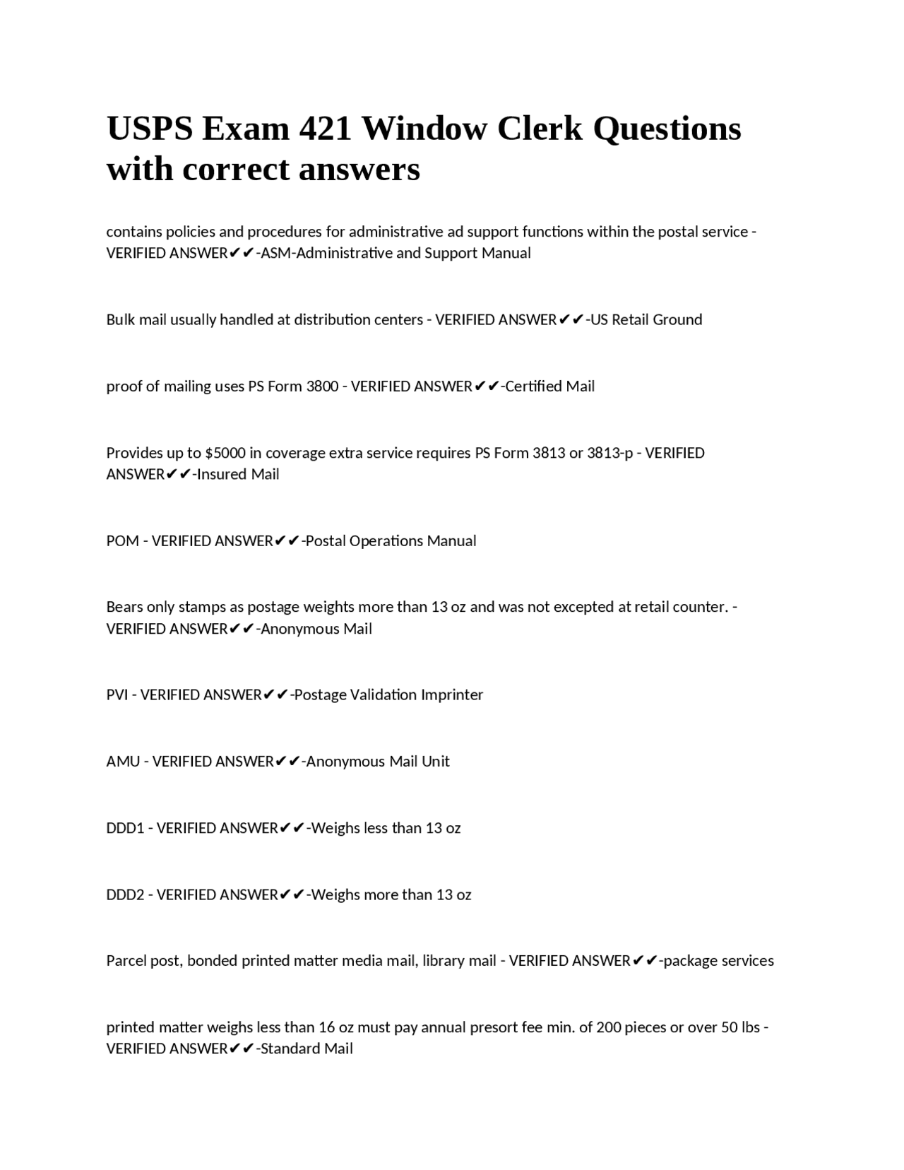 USPS Exam 421 Window Clerk Questions and Answers | Exams Project ...
