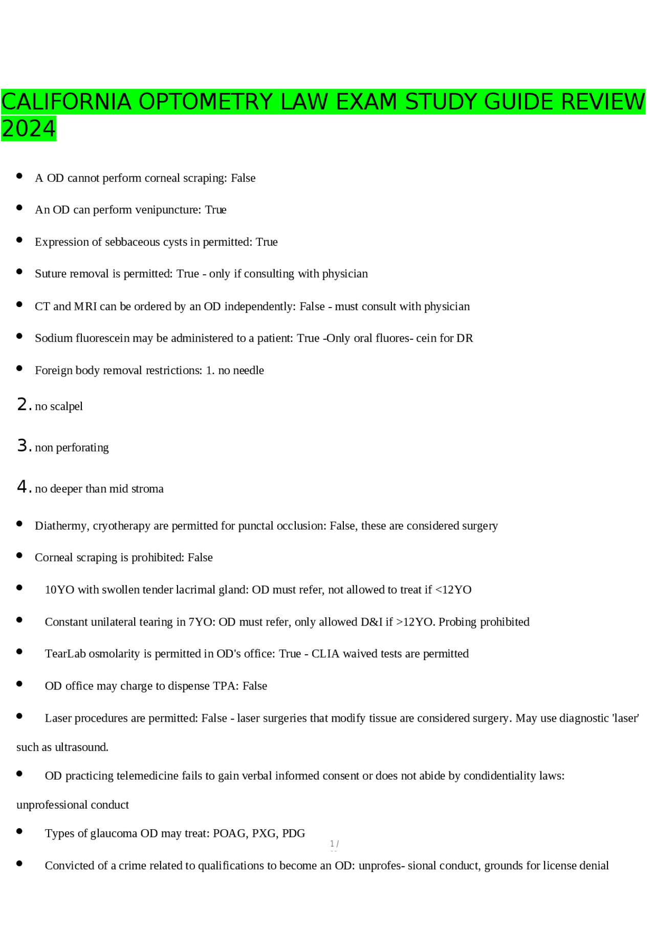 CALIFORNIA OPTOMETRY LAW EXAM STUDY GUIDE REVIEW 2024 | Exams Law | Docsity