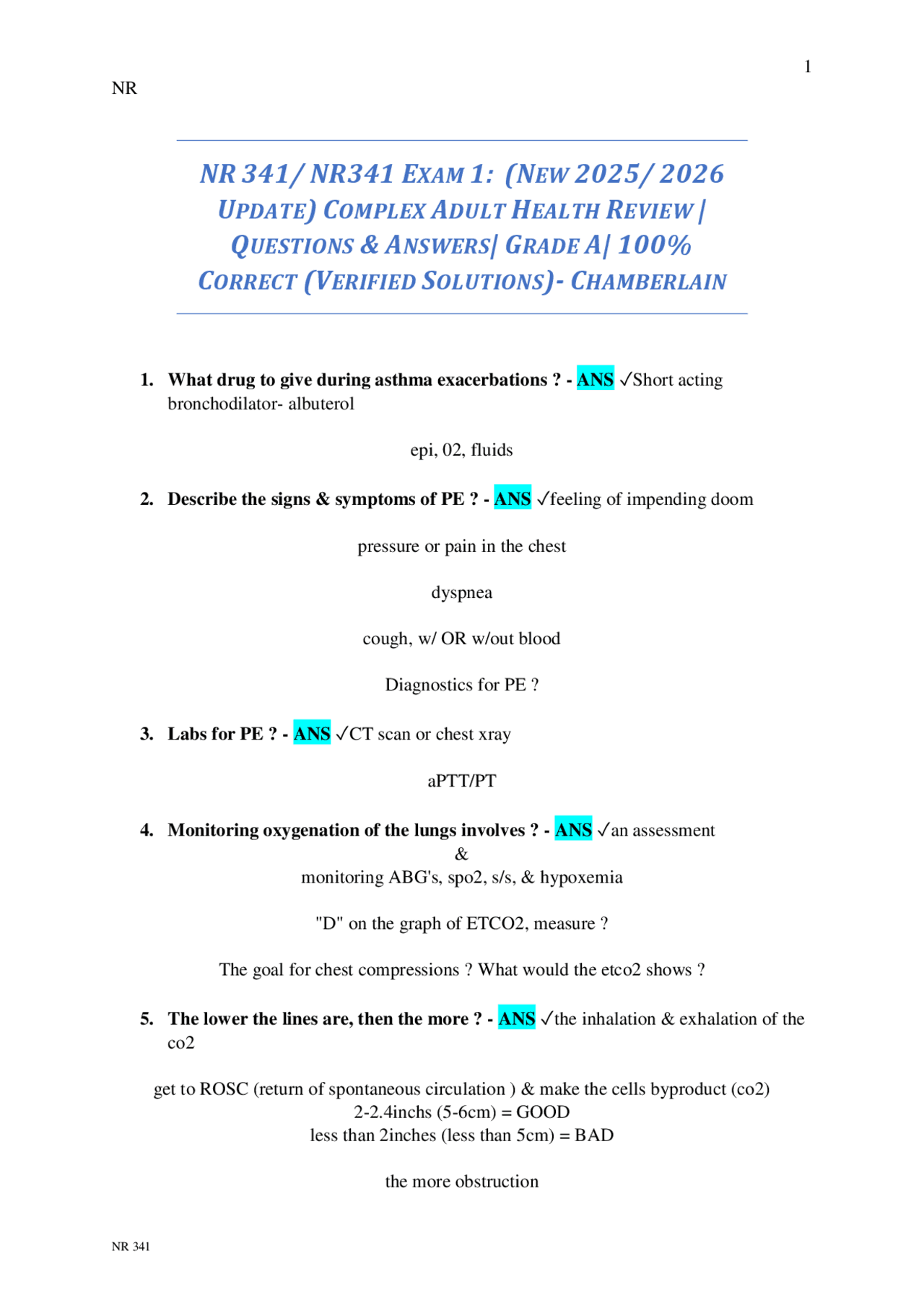 NR 341/ NR341 EXAM 1: (NEW 2025/ 2026 UPDATE) COMPLEX ADULT HEALTH REVIEW | Q&As | Exams Nursing ...
