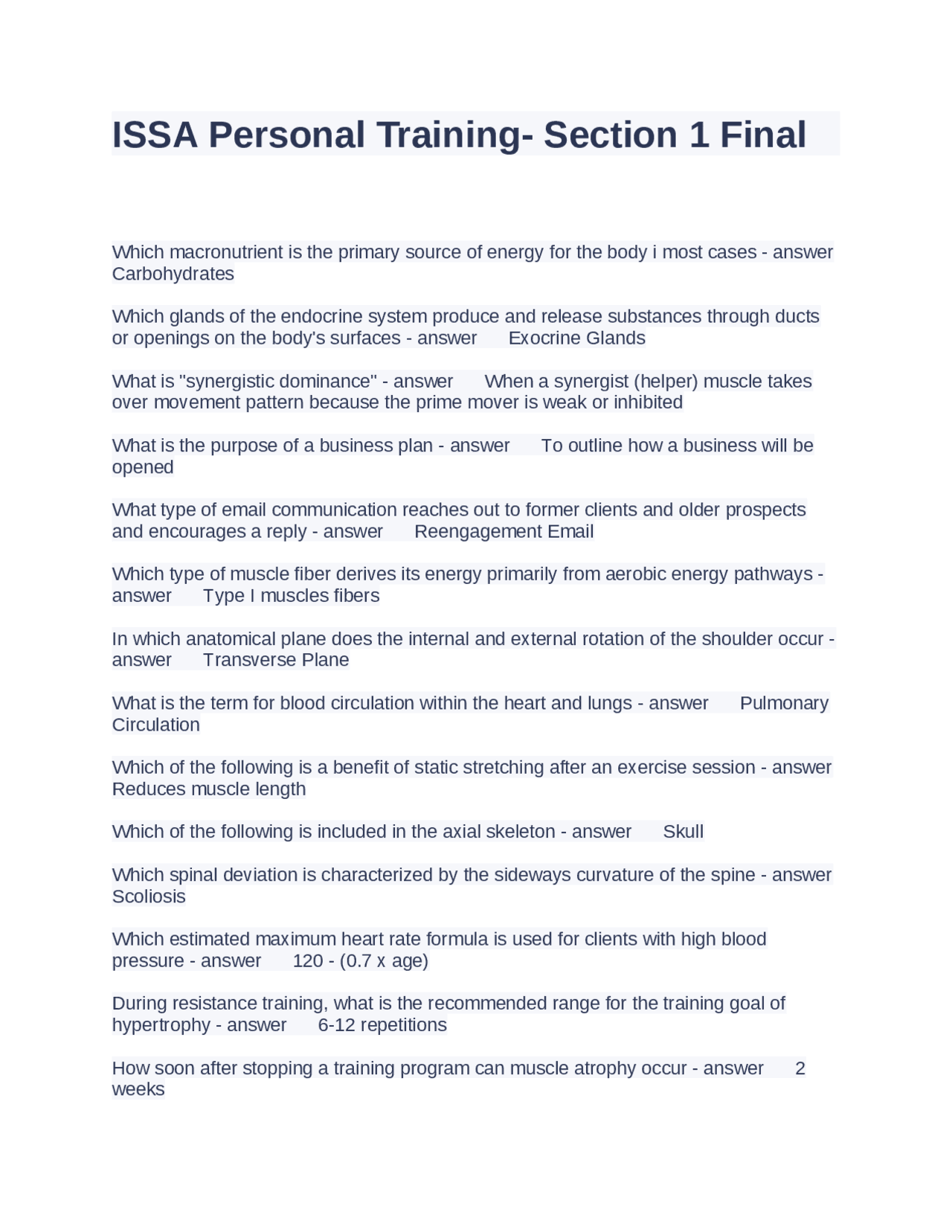 ISSA Personal Training - Section 1 Final: Questions and Answers | Exams ...