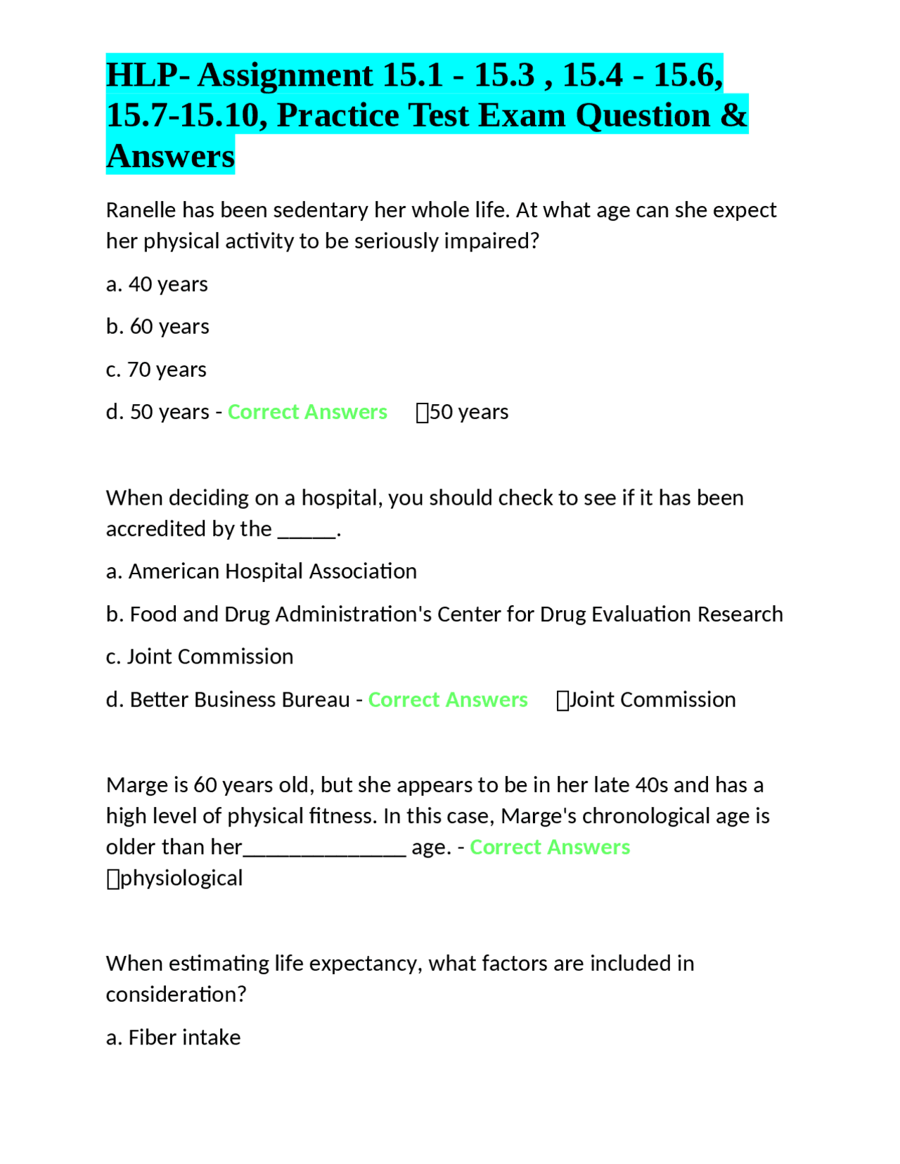 Health and Wellness: Practice Test Exam Questions and Answers | Exams ...