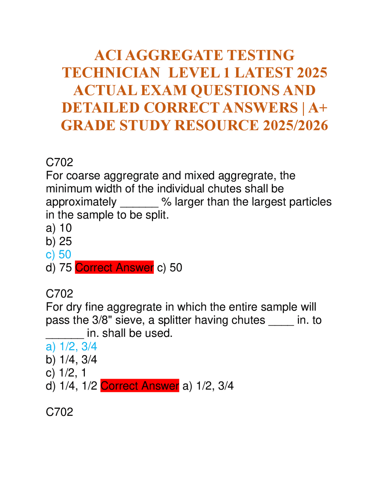 ACI AGGREGATE TESTING TECHNICIAN LEVEL 1 LATEST 2025 ACTUAL EXAM ...
