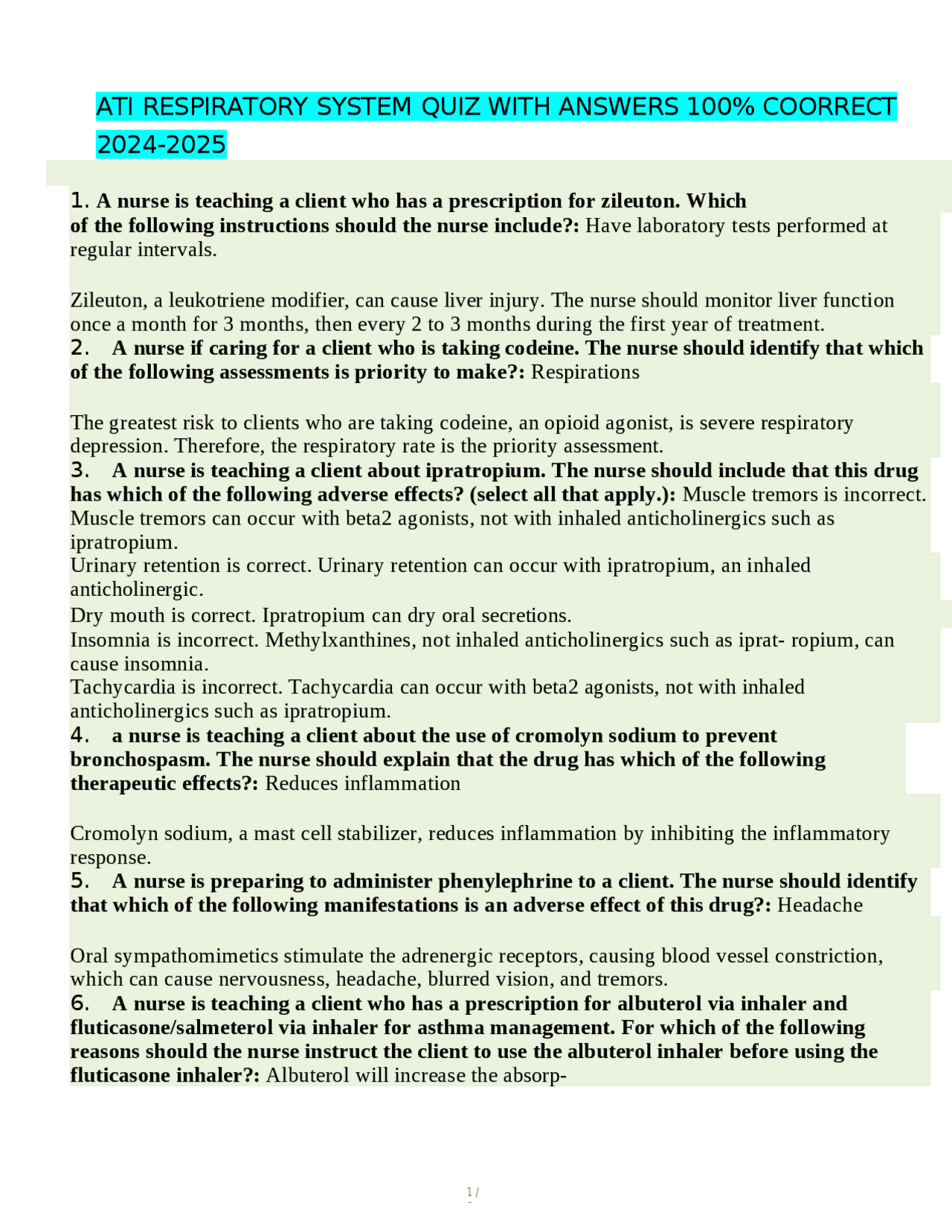 ATI Respiratory System Quiz with Answers: 2024-2025 | Exams Nursing ...