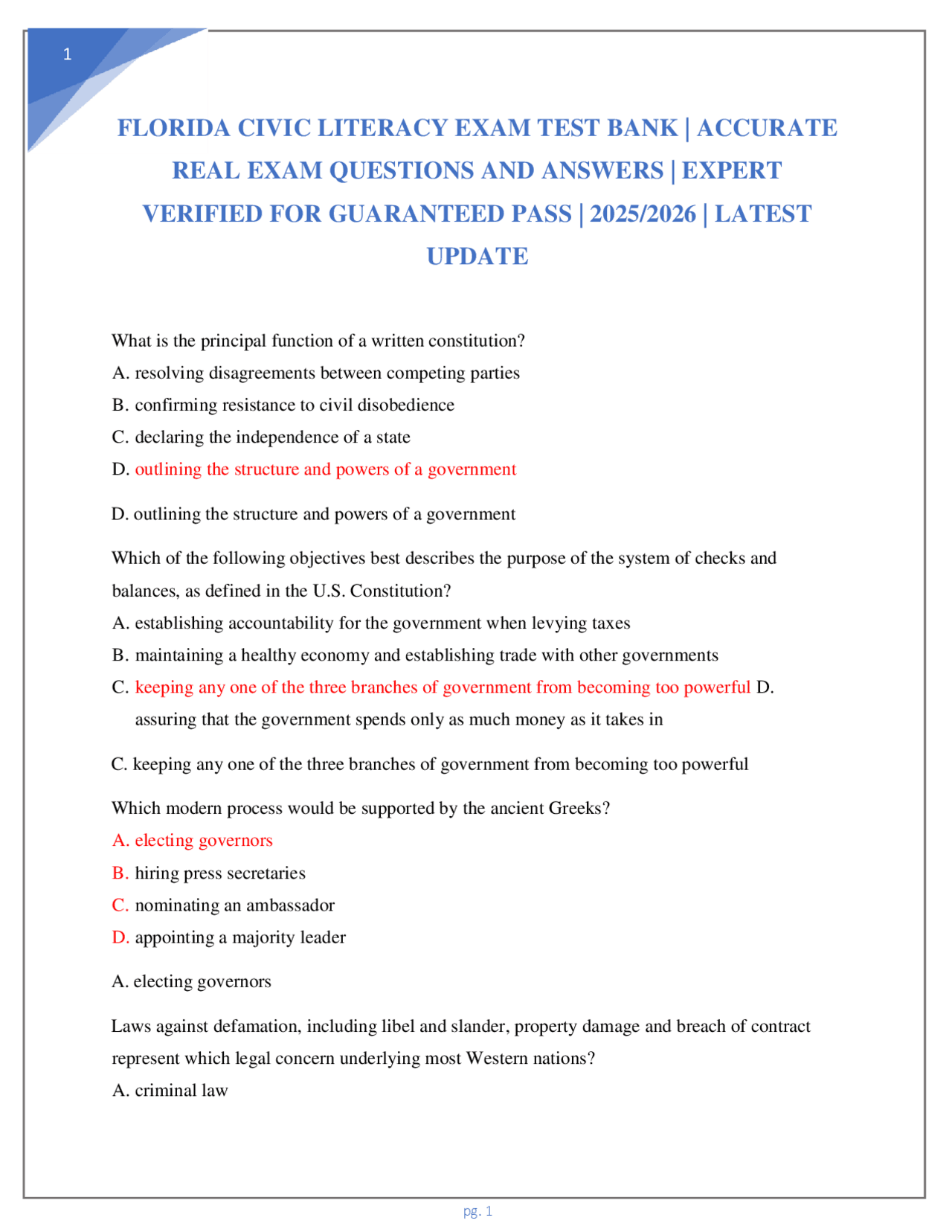 FLORIDA CIVIC LITERACY EXAM TEST BANK ACCURATE REAL EXAM QUESTIONS AND ...
