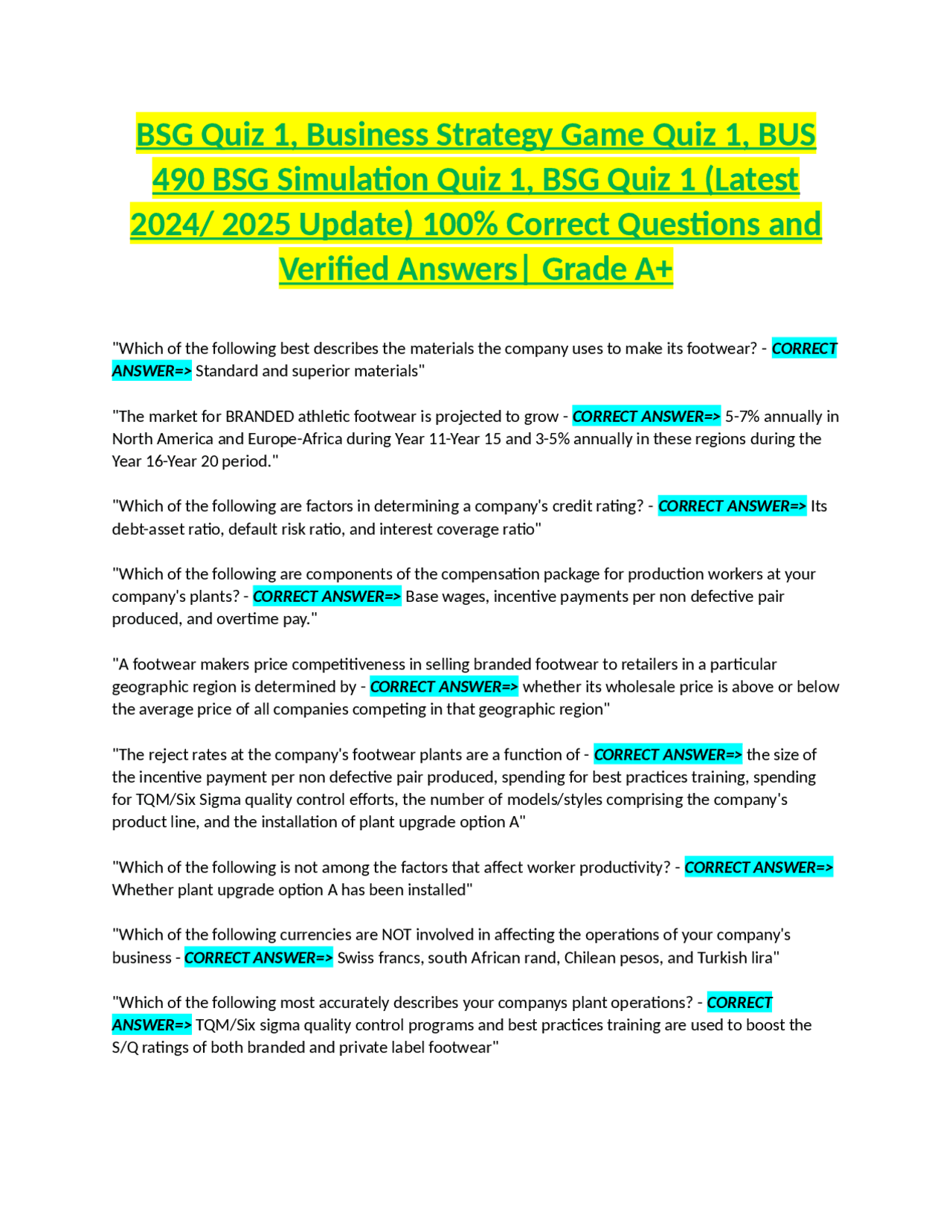 BSG Quiz 1, Business Strategy Game Quiz 1, BUS 490 BSG Simulation Quiz ...