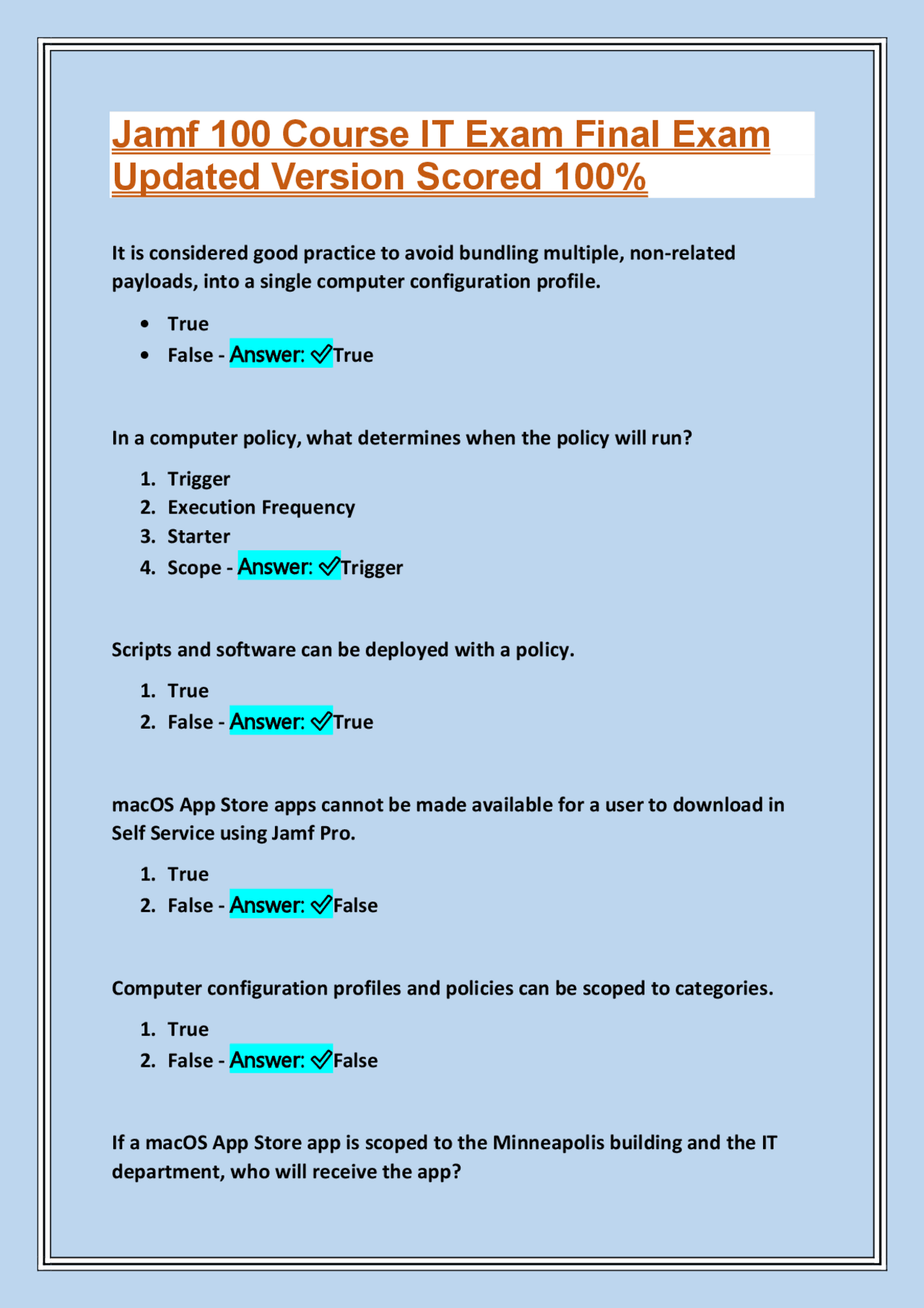 Jamf 100 Course IT Exam Final Exam Updated Version Scored 100% | Exams Computer Science | Docsity