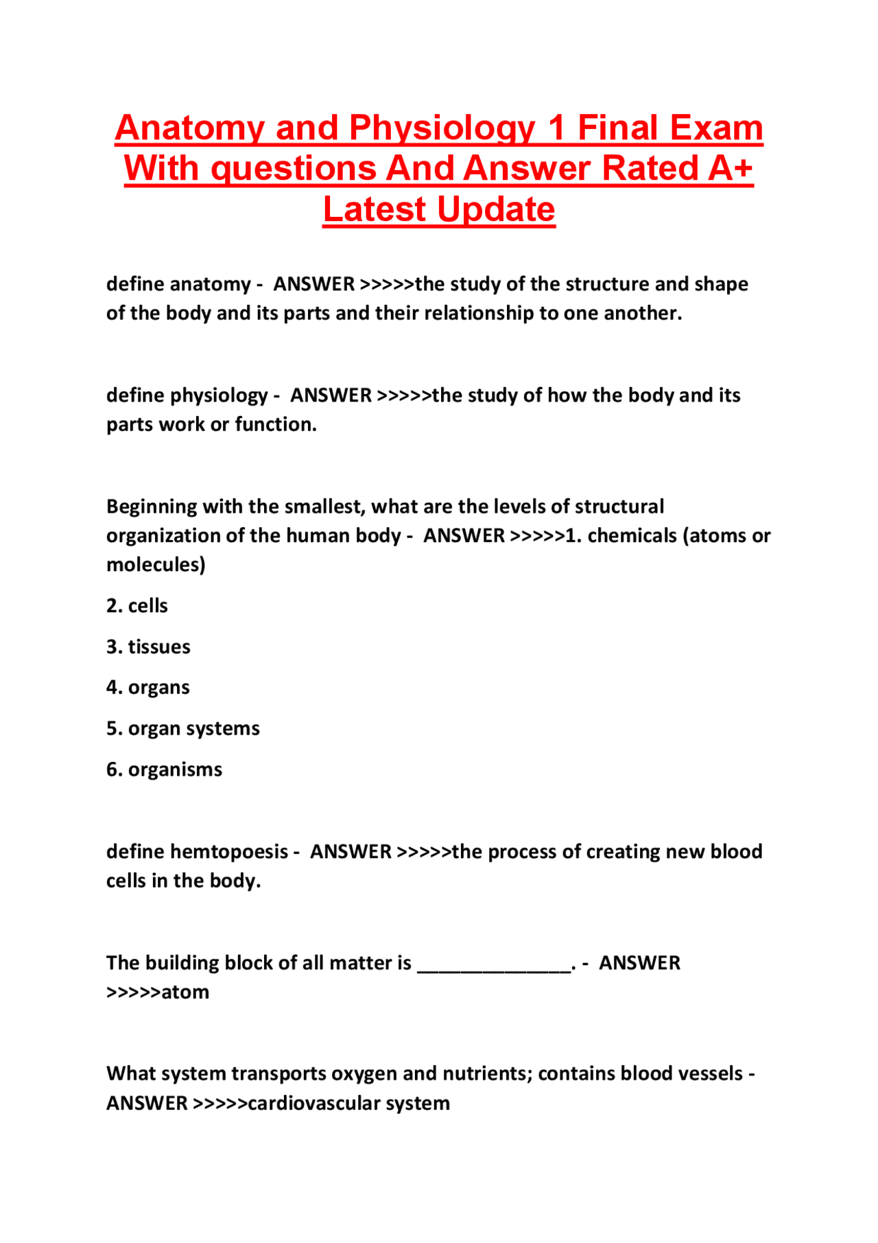 Anatomy and Physiology 1 Final Exam: Questions and Answers | Exams Nursing | Docsity