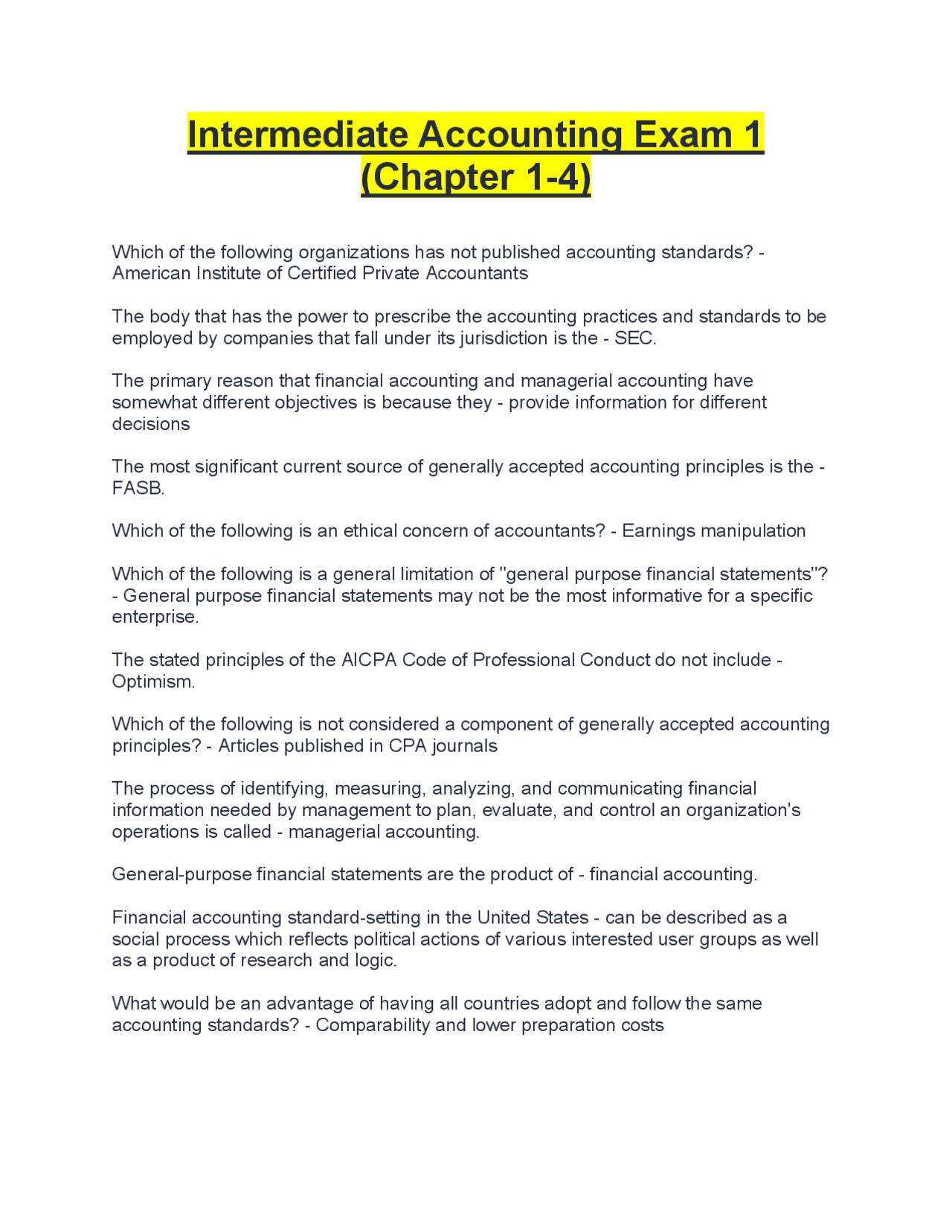 Intermediate Accounting Exam 1: Chapters 1-4 | Exercises Advanced ...