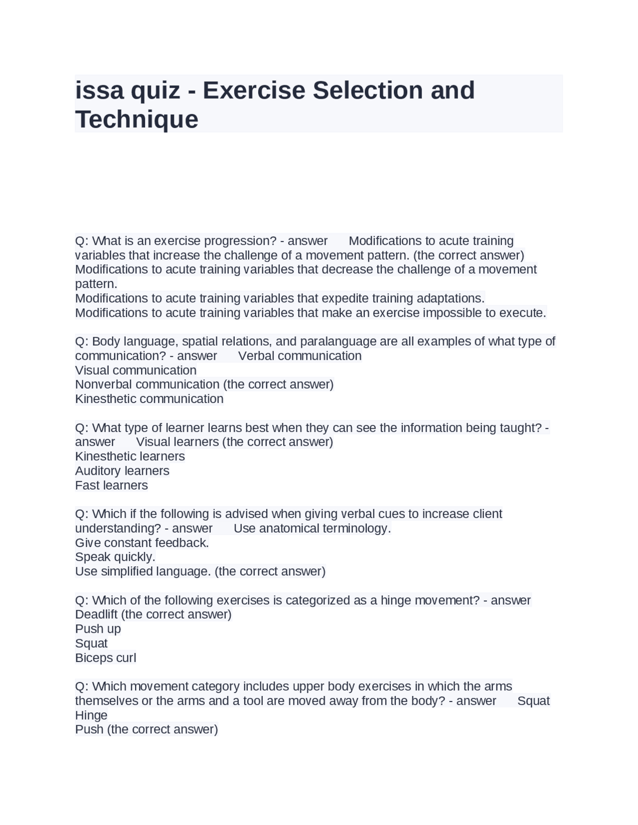 Exercise Selection and Technique Quiz: A Comprehensive Assessment of ...