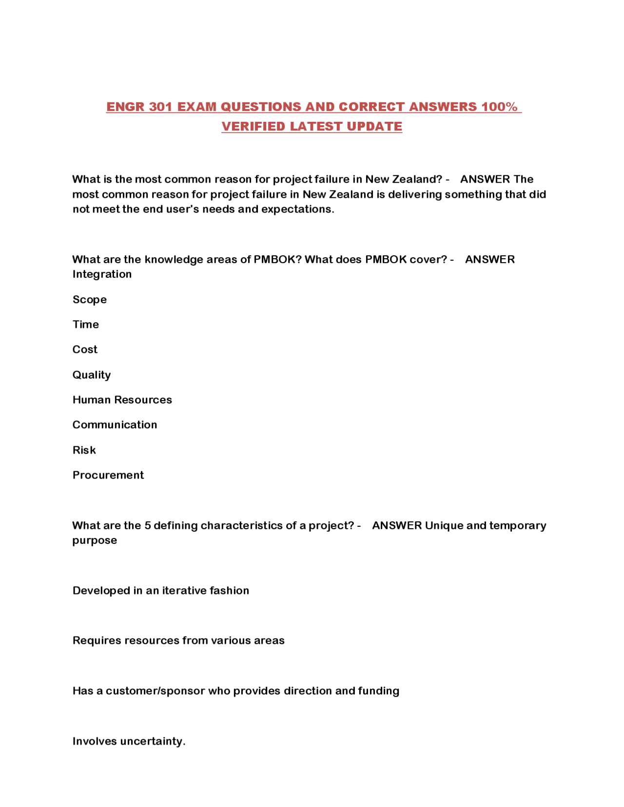 ENGR 301 Exam Questions and Answers: Project Management Fundamentals ...