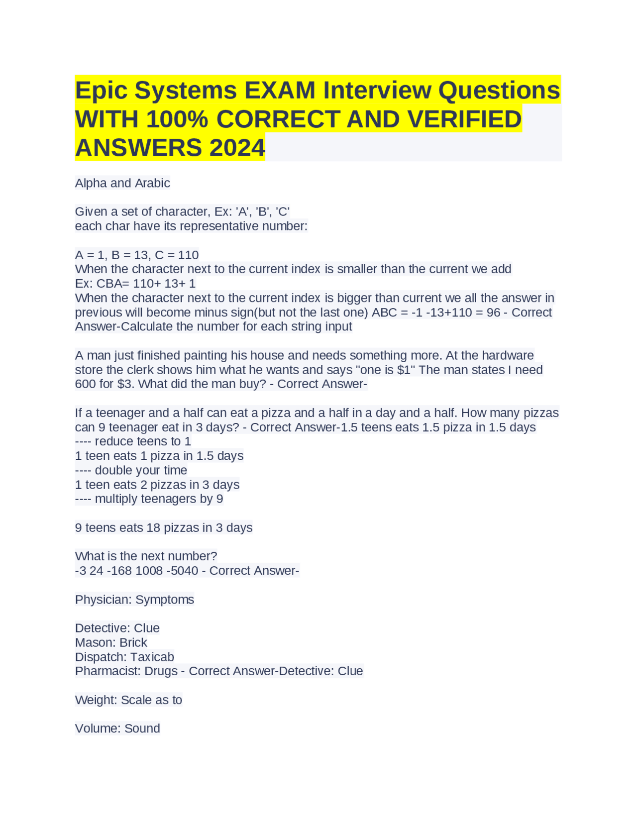 Epic Systems EXAM Interview Questions WITH 100% CORRECT AND VERIFIED ...