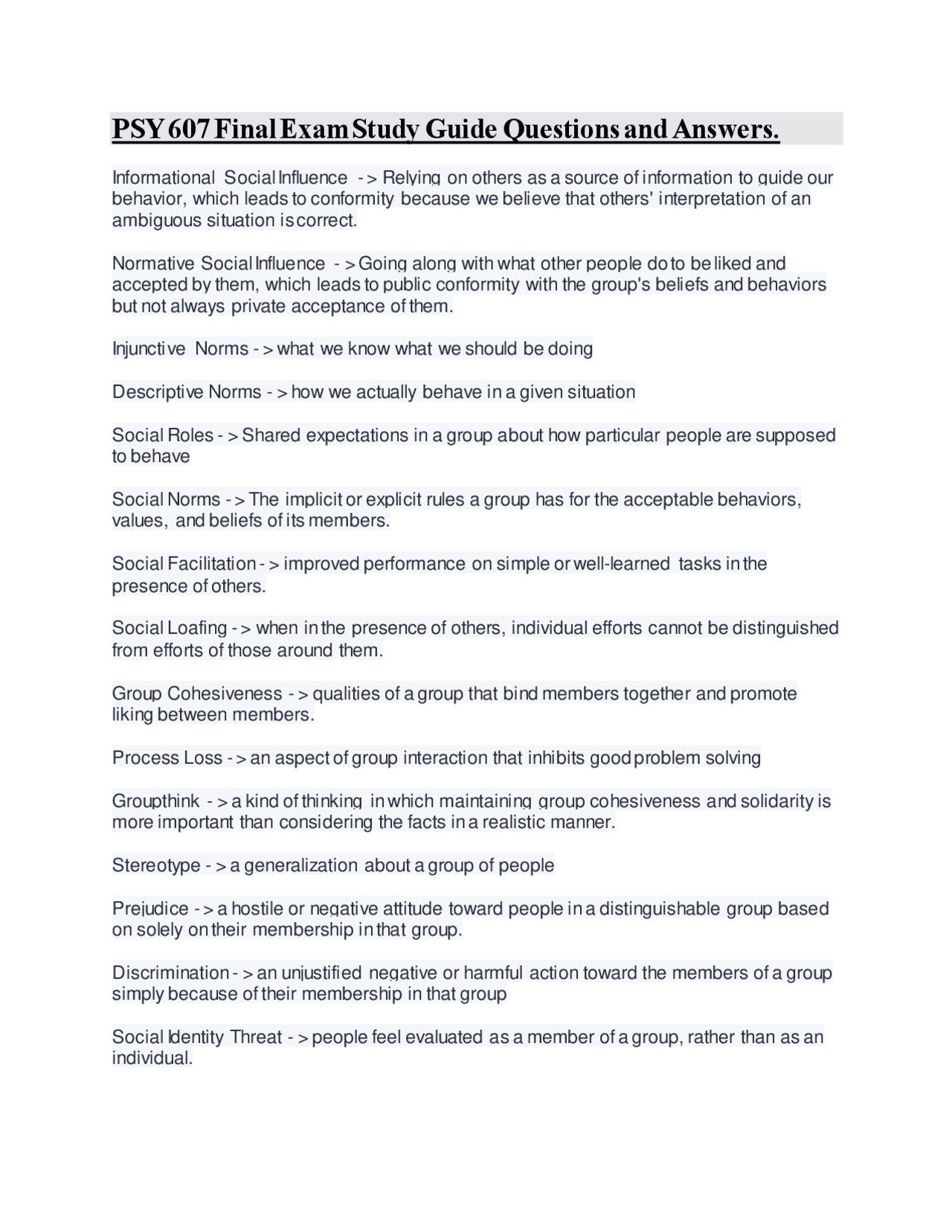 PSY 607 Final Exam Study Guide: Social Psychology Concepts and Theories ...