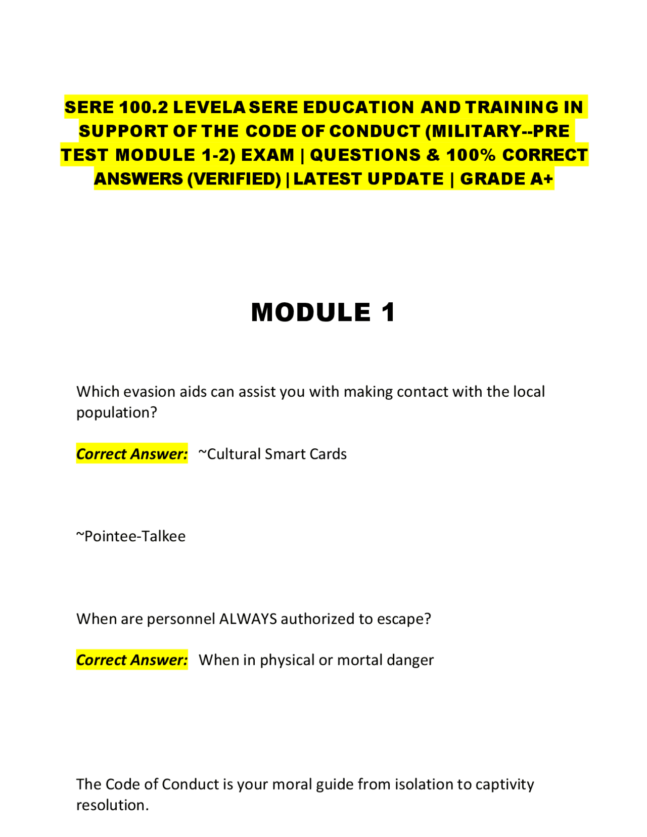 SERE 100.2 Level A: Code of Conduct Training Exam (Modules 1-2) | Exams ...
