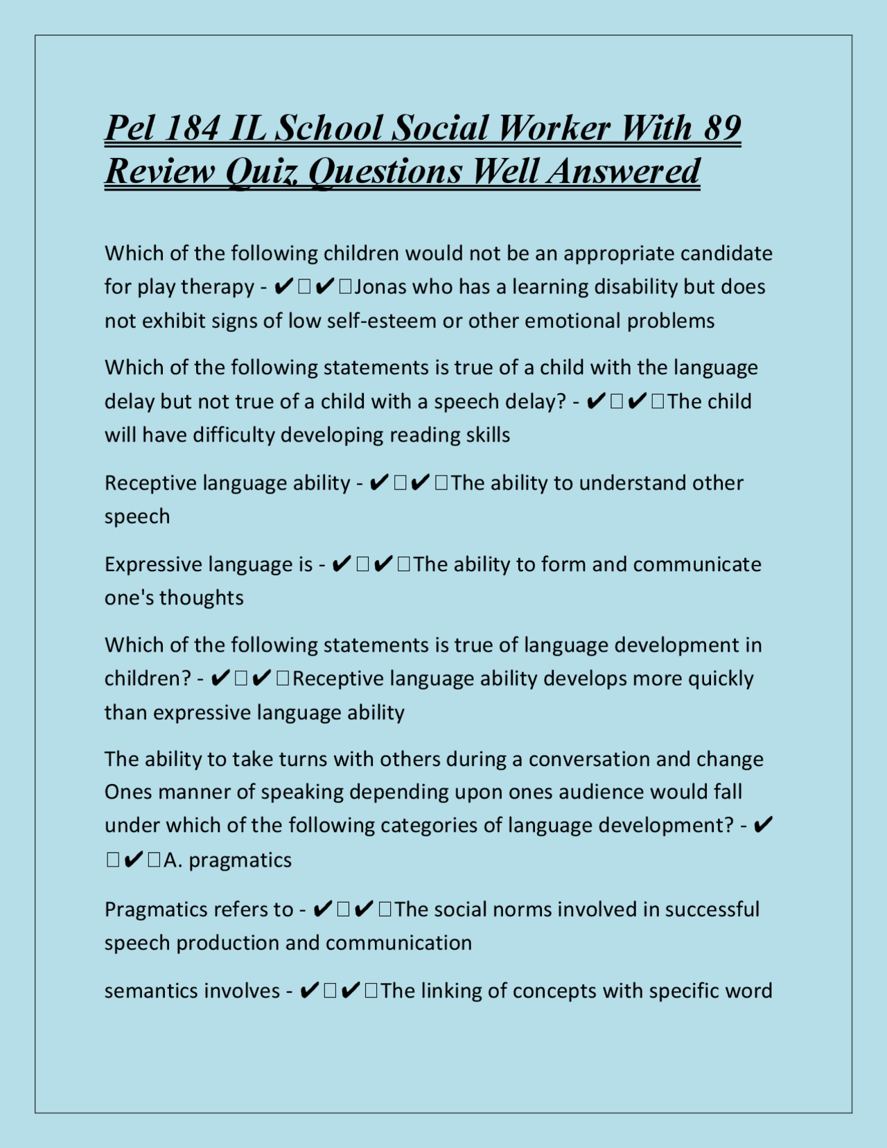 Pel 184 IL School Social Worker With 89 Review Quiz Questions Well ...