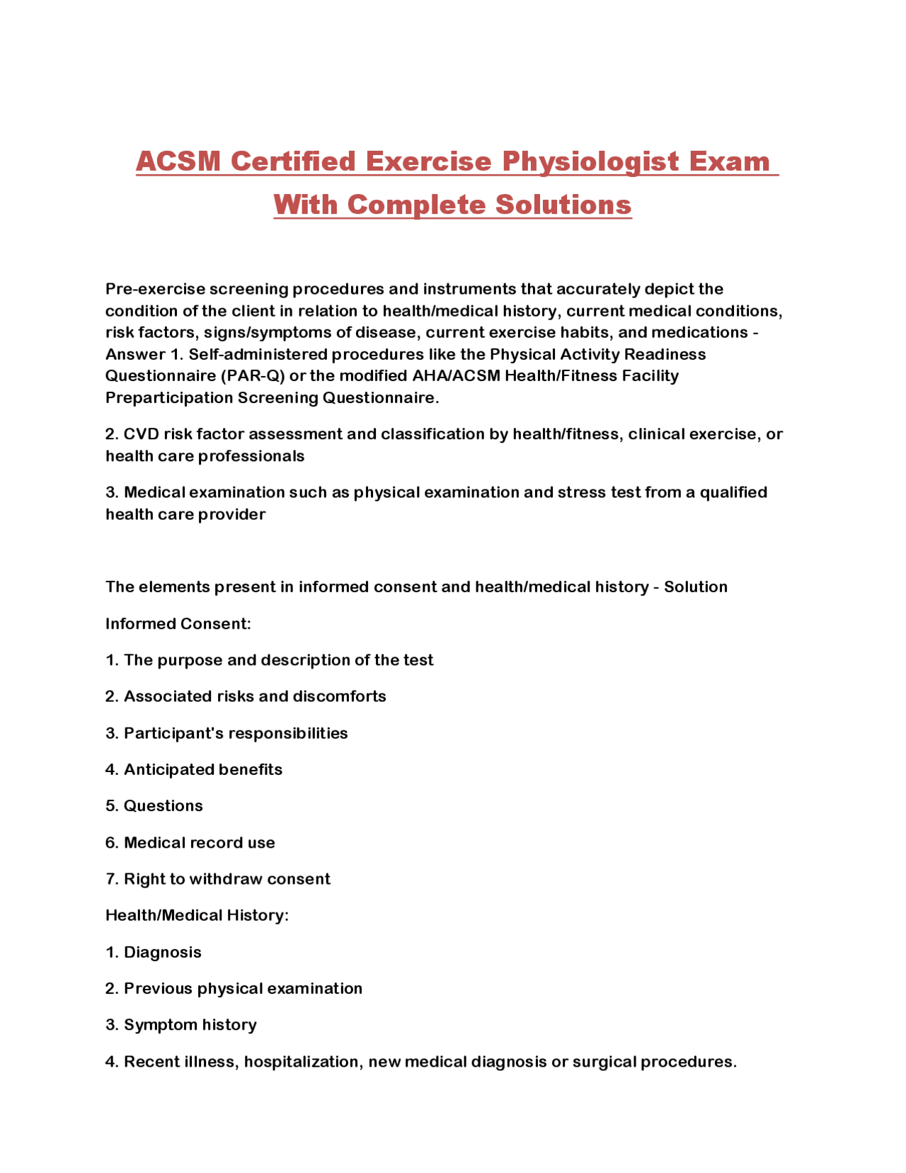 ACSM Exercise Physiologist Exam: Pre-Exercise Screening & Health ...