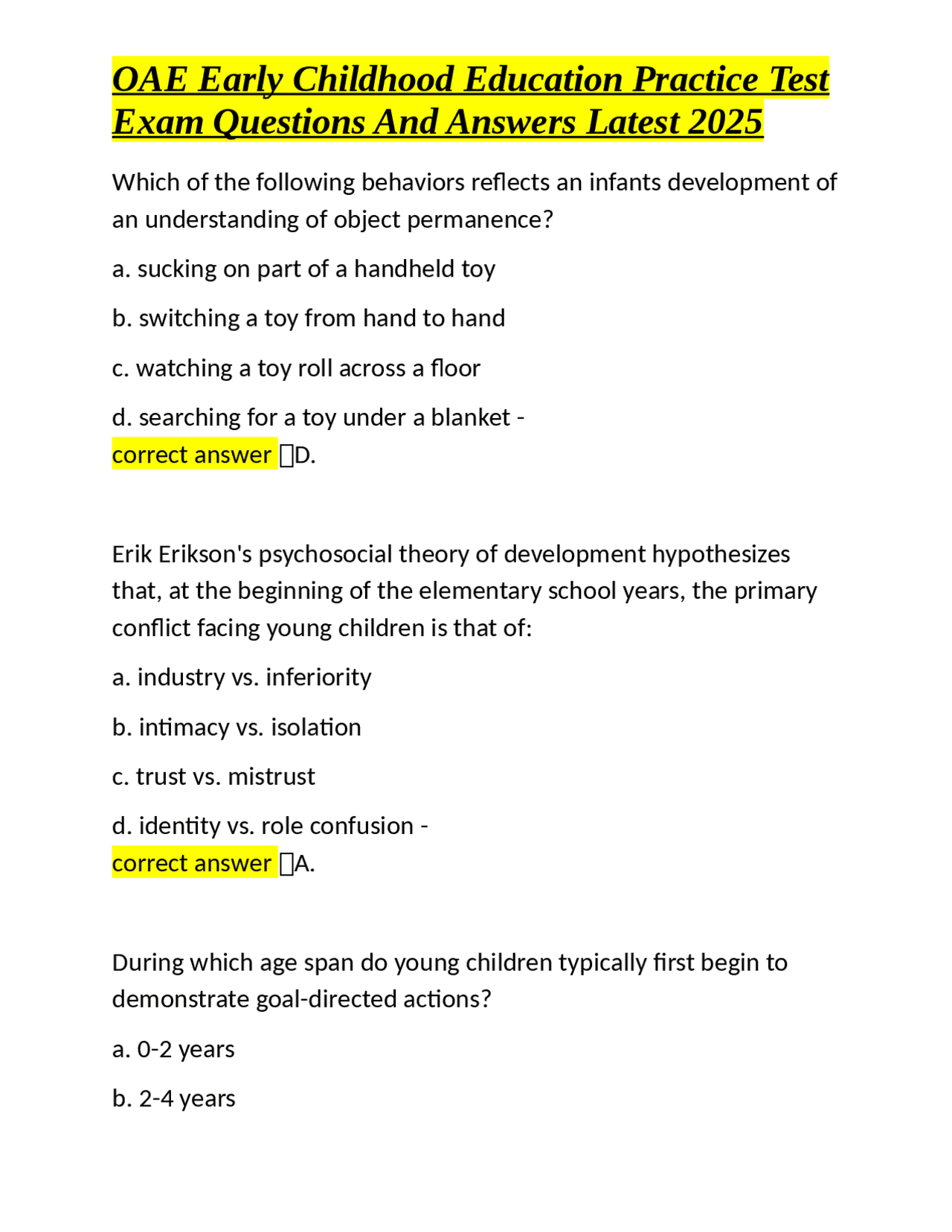OAE Early Childhood Education Practice Test Exam Questions And Answers ...