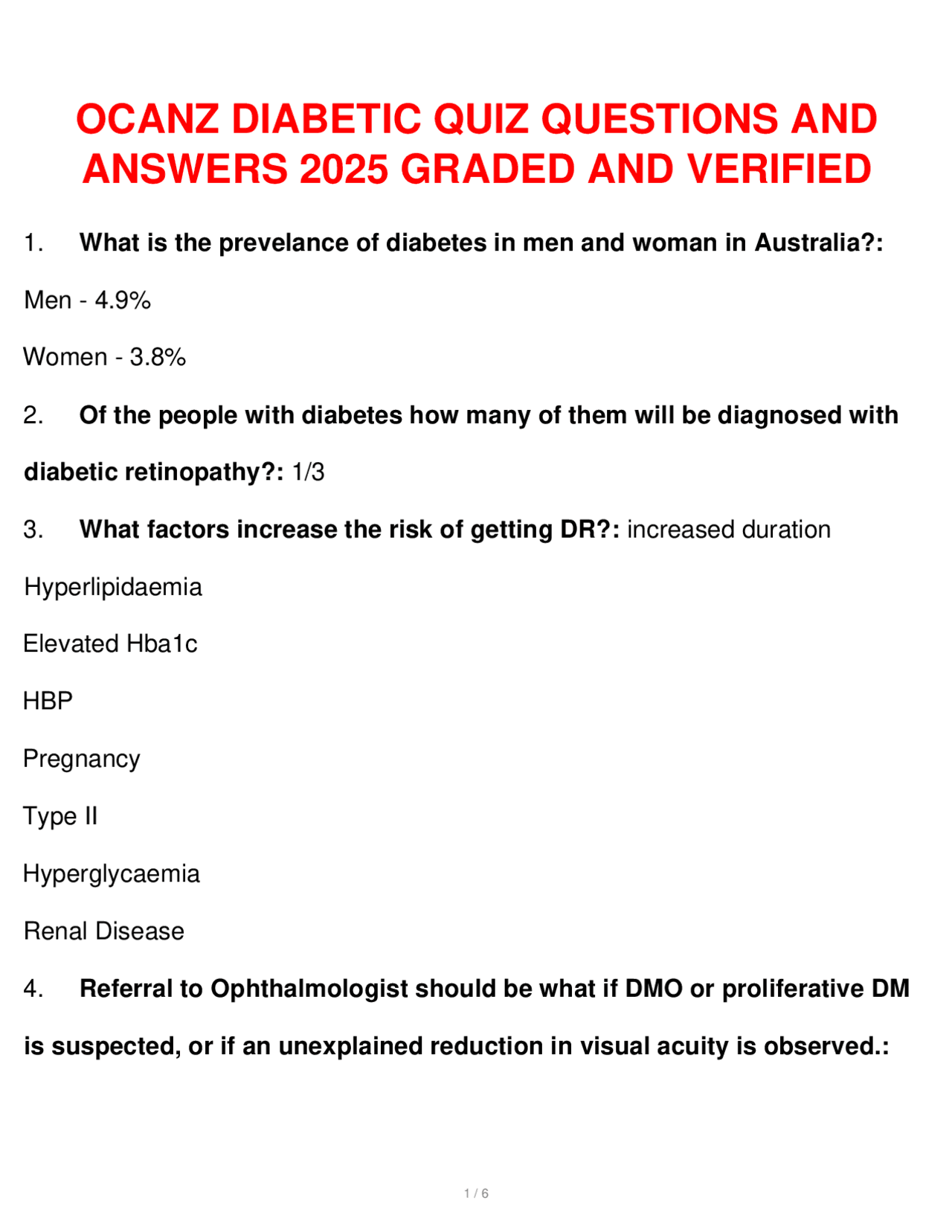 OCANZ DIABETIC QUIZ QUESTIONS AND ANSWERS 2025 GRADED AND VERIFIED.pdf ...