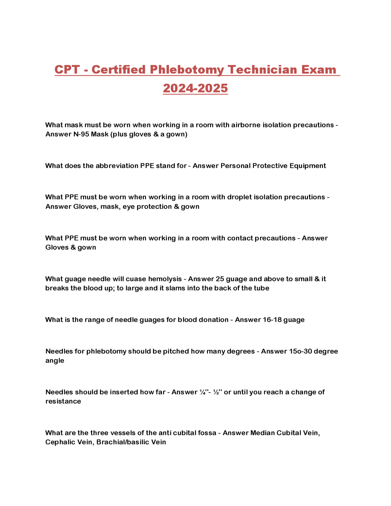 CPT - Certified Phlebotomy Technician Exam 2024-2025 | Exams Advanced ...