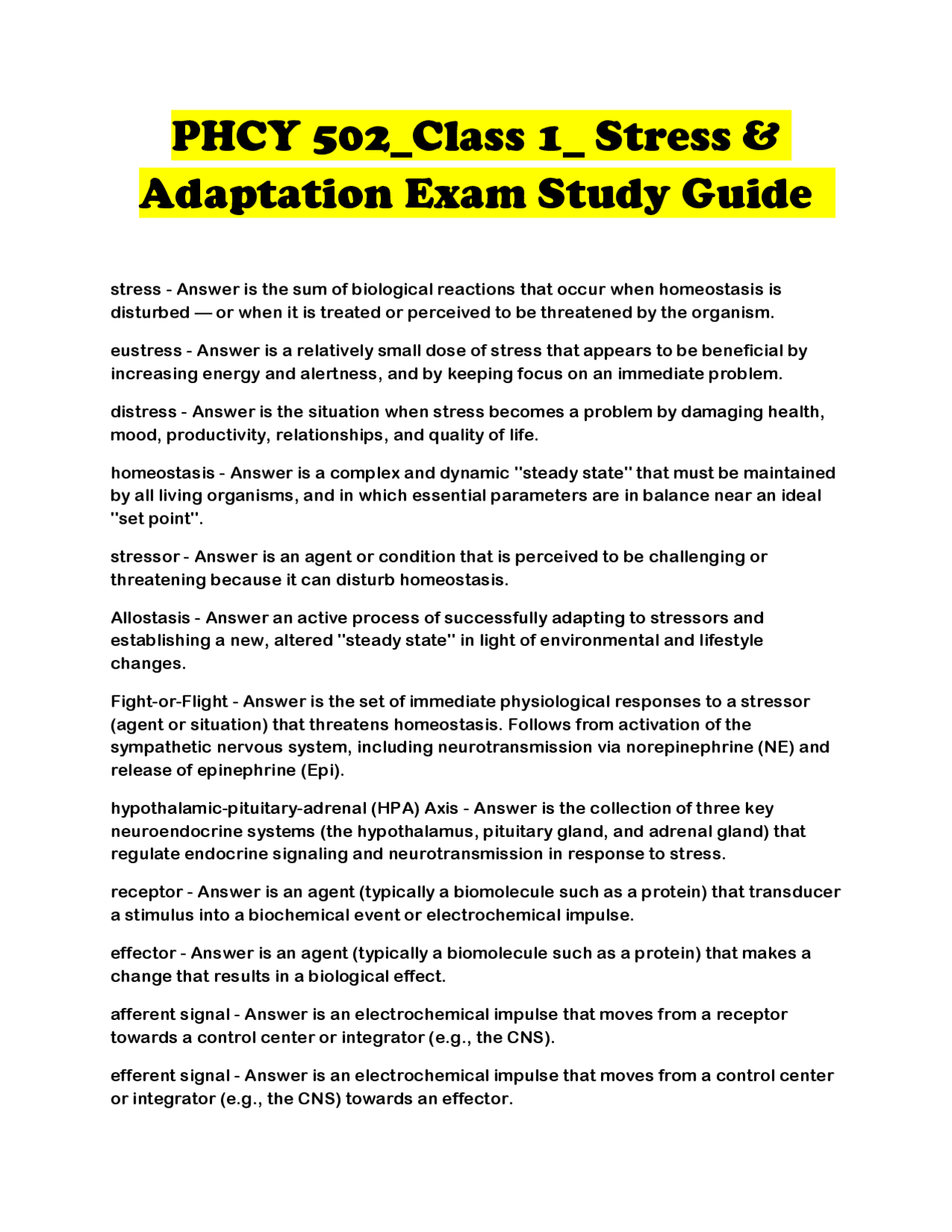 Stress & Adaptation Exam Study Guide: Key Concepts and Definitions for ...