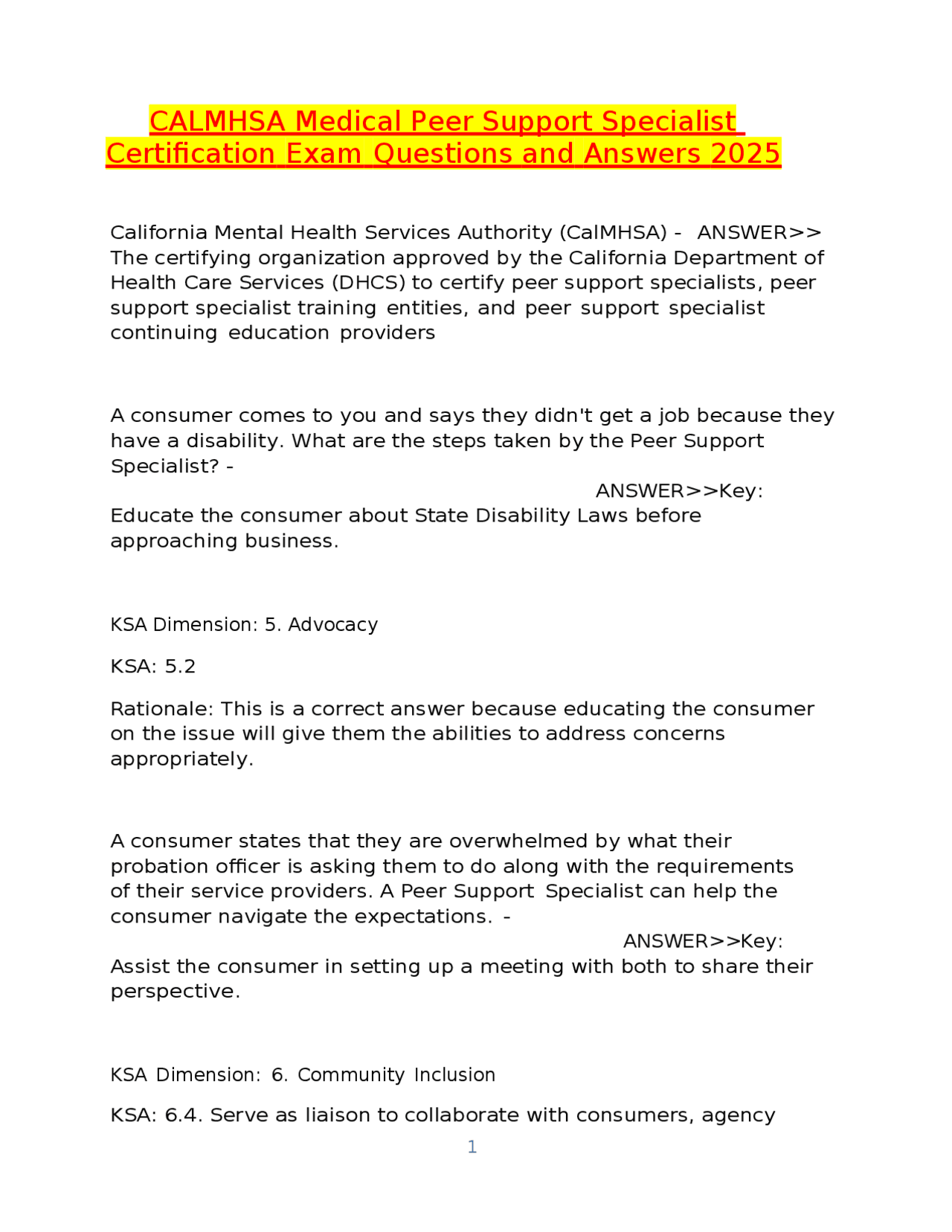 CALMHSA Medical Peer Support Specialist Certification Exam Questions ...