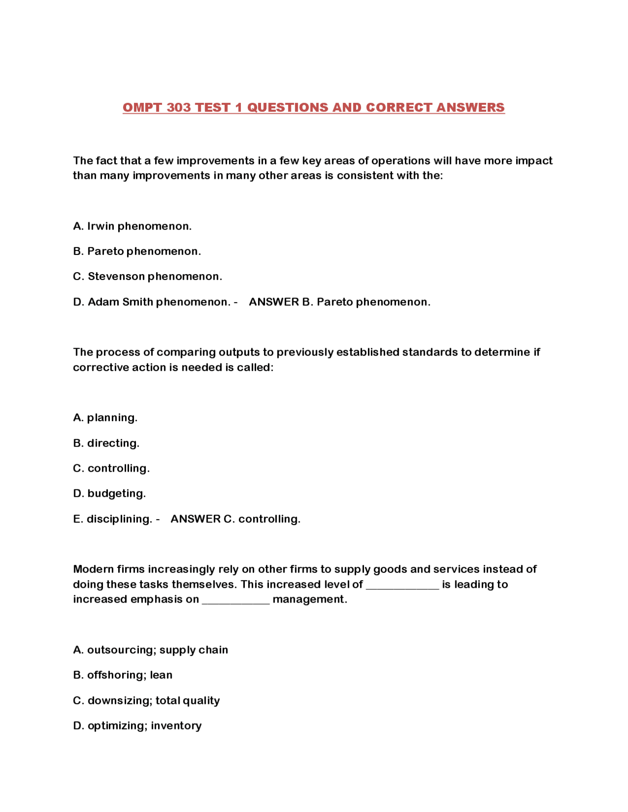 OMPT 303 Test 1 Questions and Answers: Operations Management | Exams ...