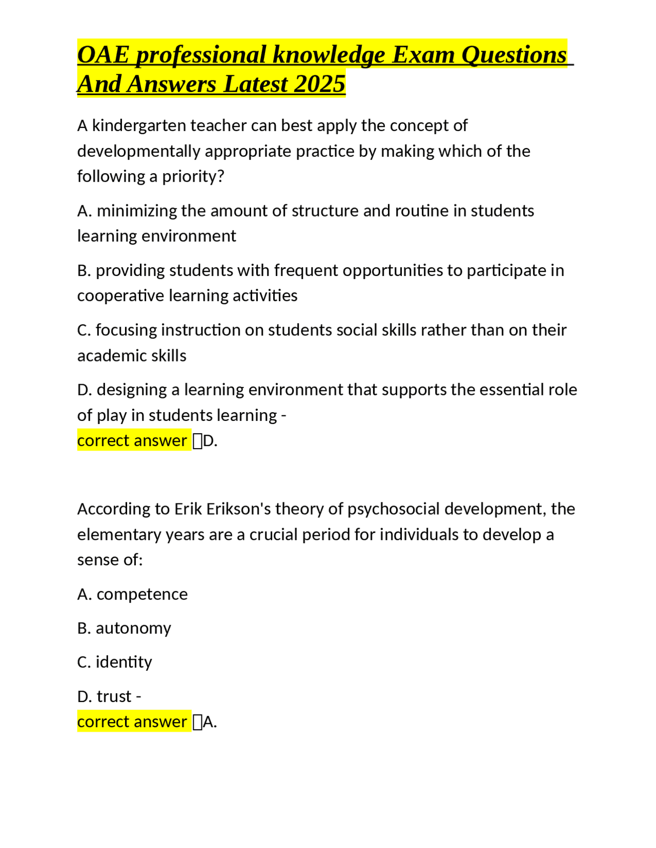 OAE Professional Knowledge Exam Questions and Answers: Latest 2025 ...