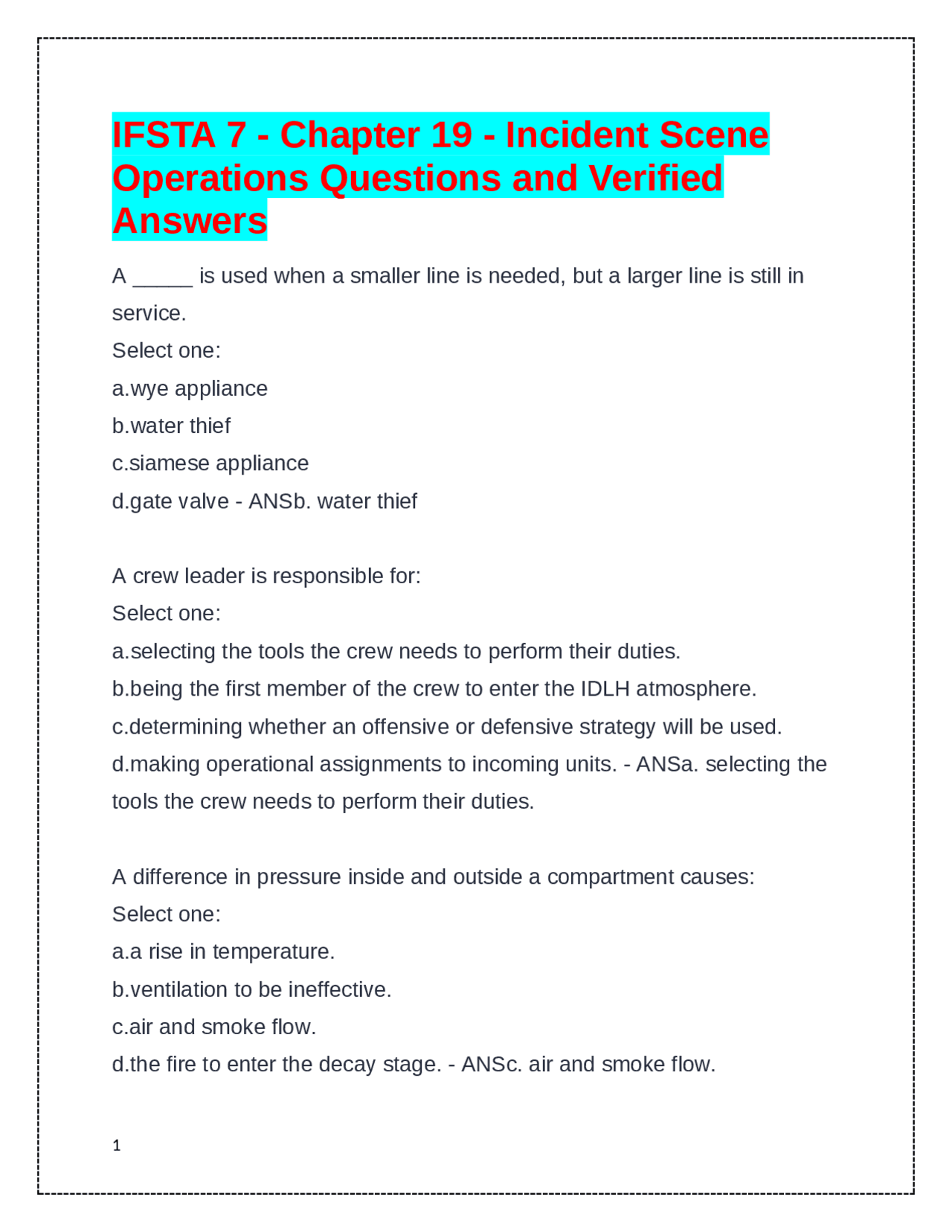 IFSTA 7 - Chapter 19 - Incident Scene Operations Questions and Answers ...