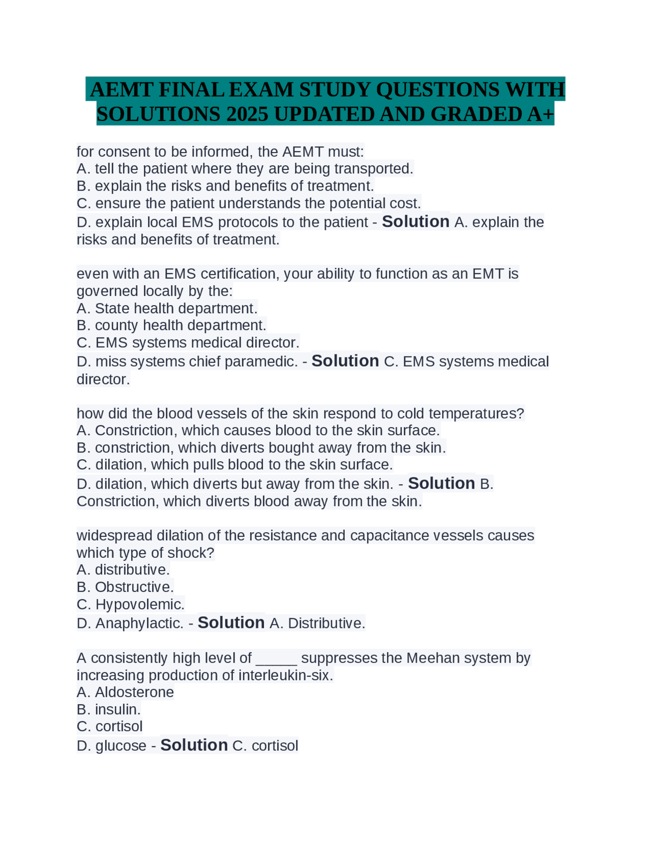 AEMT FINAL EXAM STUDY QUESTIONS WITH SOLUTIONS 2025 UPDATED AND GRADED A+ | Exams Nursing | Docsity