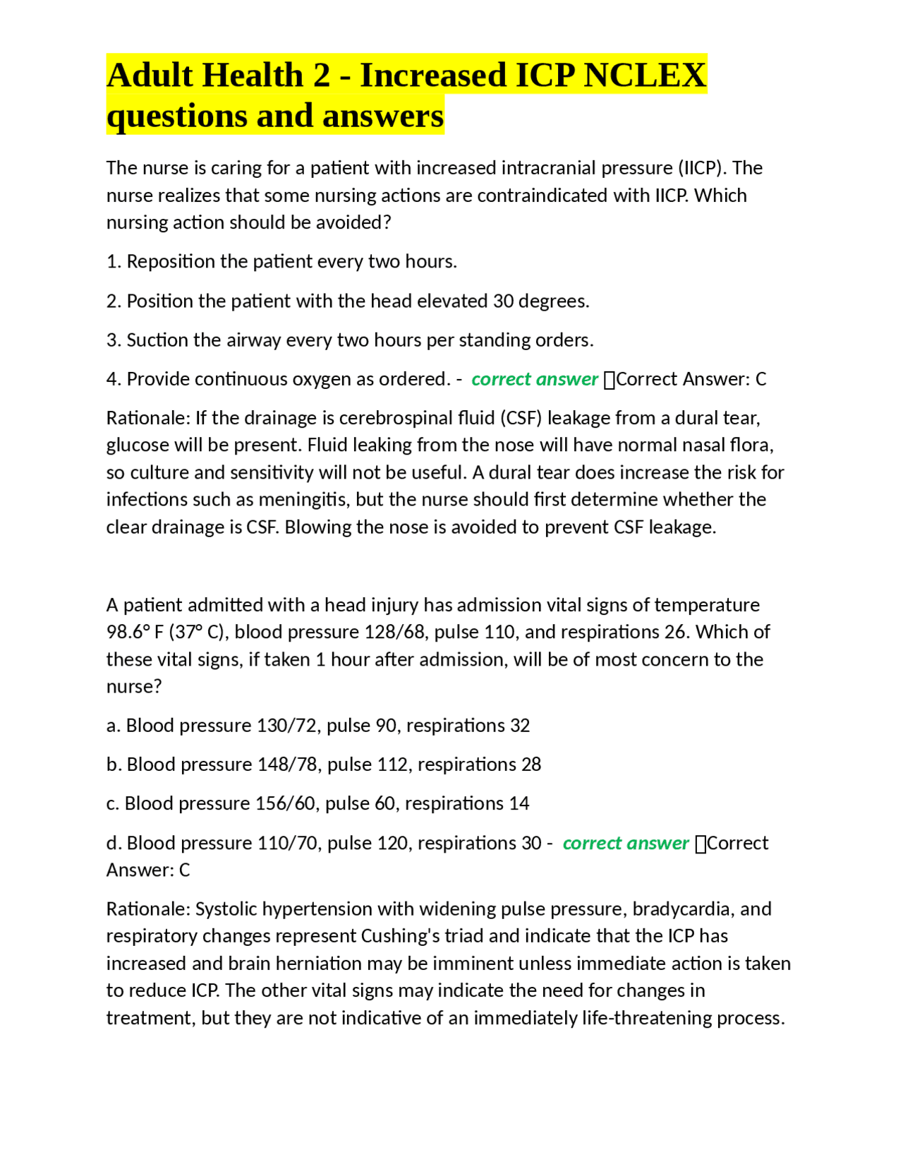 Increased Intracranial Pressure (ICP) NCLEX Questions and Answers ...