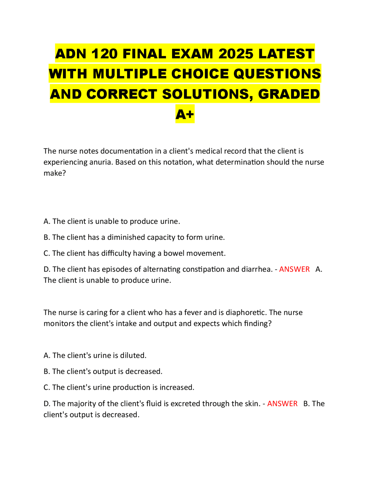 ADN 120 Final Exam 2025: Multiple Choice Questions and Answers | Exams ...