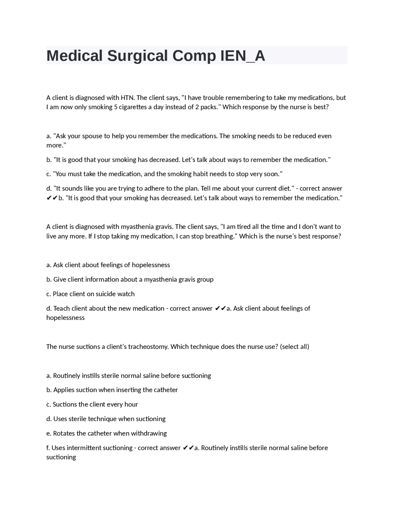 Medical Surgical Nursing: Multiple Choice Questions and Answers | Exams Nursing | Docsity