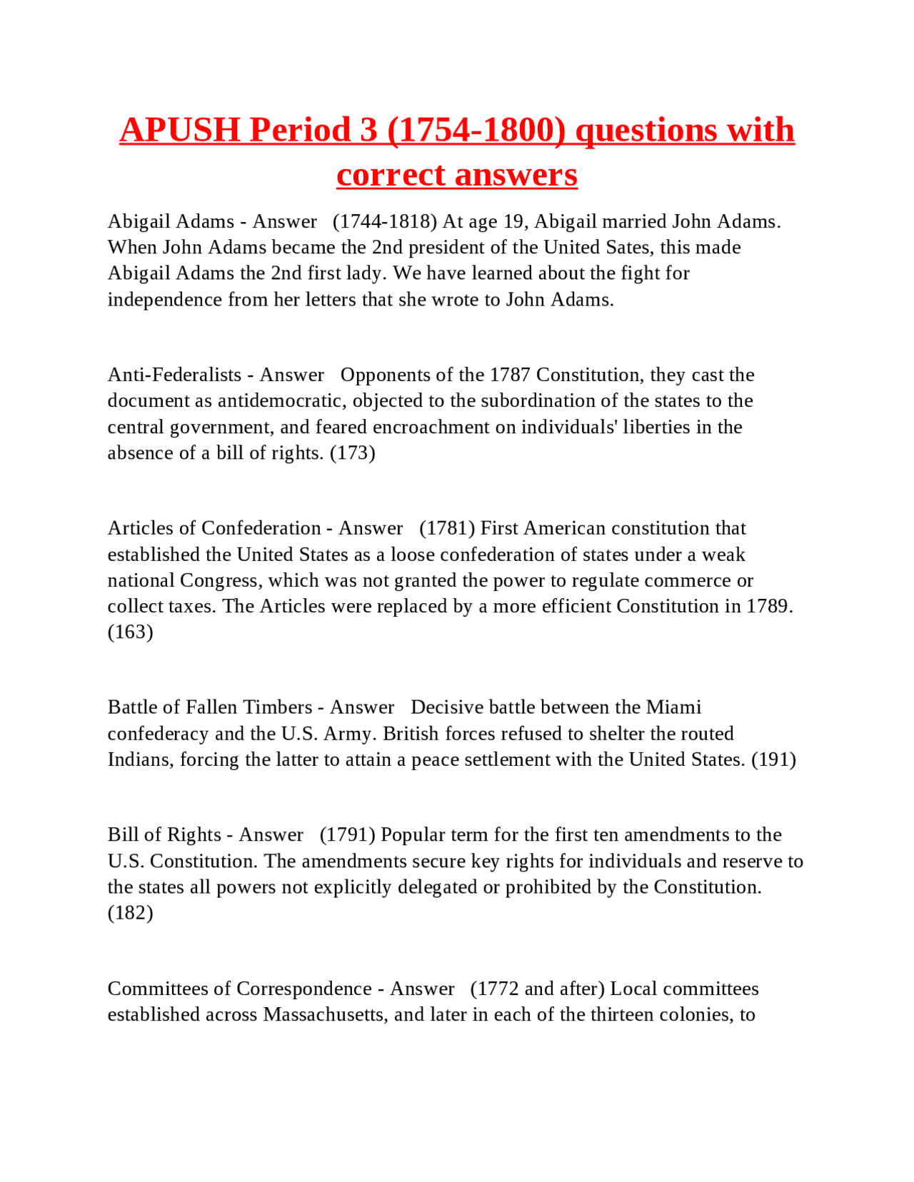 APUSH Period 3 (1754-1800) Questions and Answers: Key Events and ...