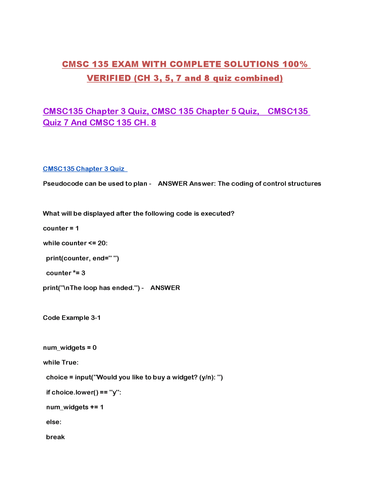 CMSC 135 Exam Preparation: Chapters 3, 5, 7, and 8 Quiz Solutions | Exams Advanced Education ...